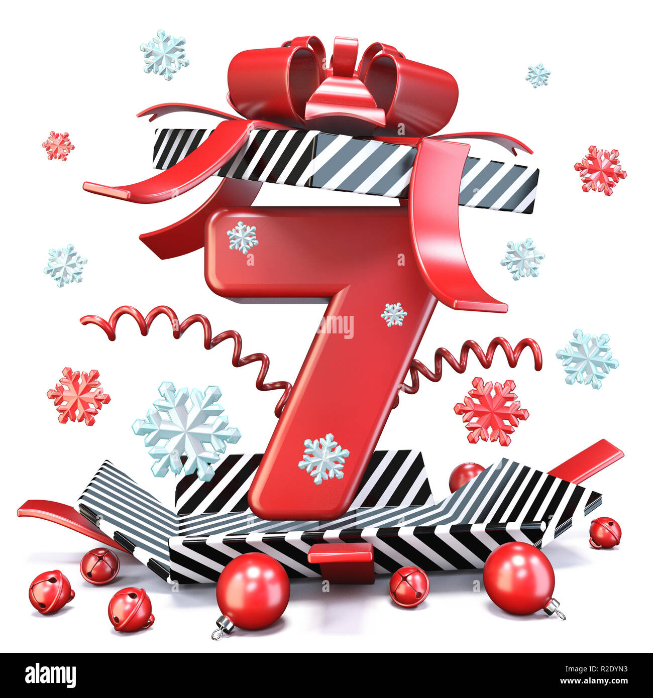 Red number SEVEN 7 inside open gift box 3D rendering illustration ...