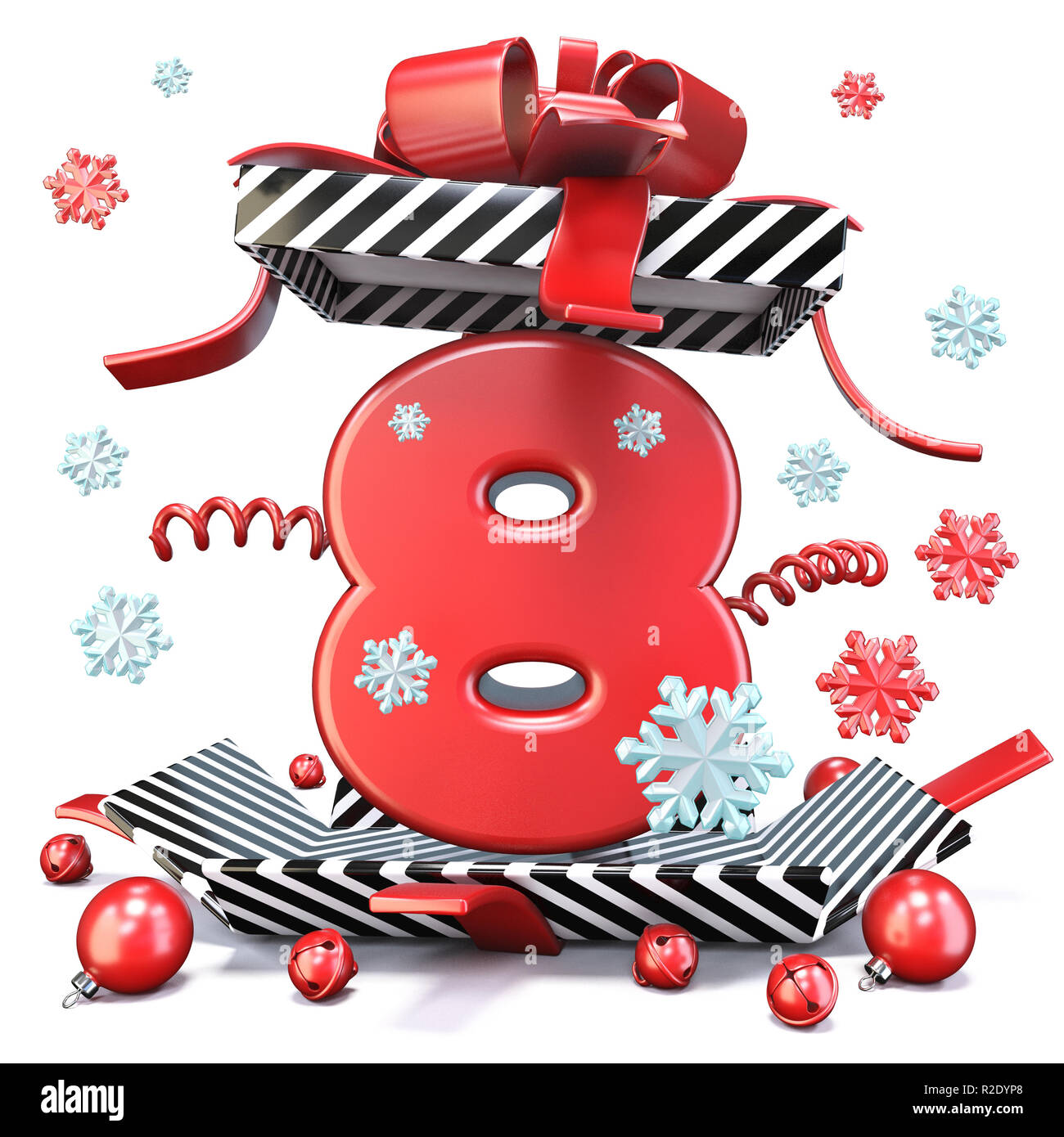 Red number EIGHT 8 inside open gift box 3D rendering illustration ...