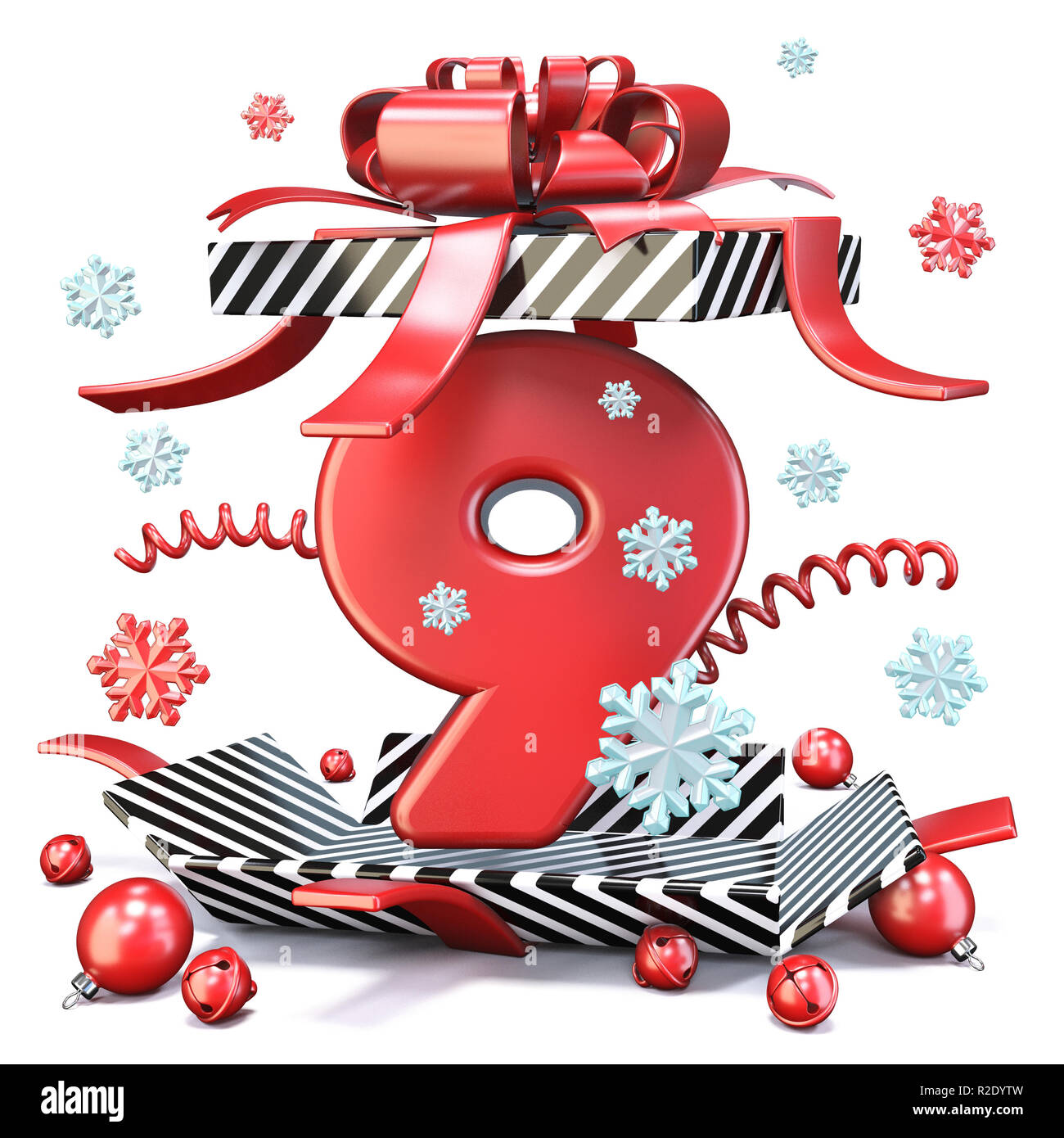 Red number NINE 9 inside open gift box 3D rendering illustration ...