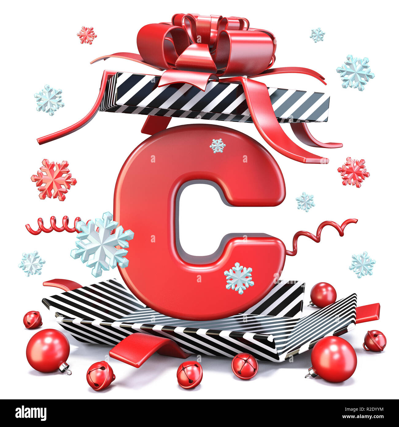 Red Letter C inside open gift box 3D rendering illustration isolated on ...