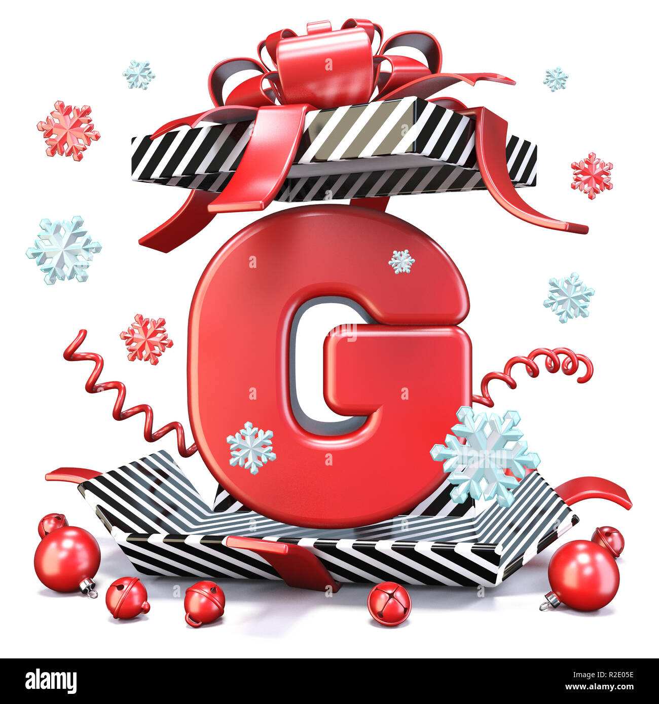 Red Letter G inside open gift box 3D rendering illustration isolated on ...