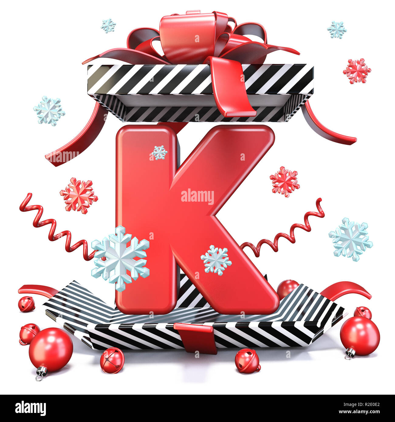 Red Letter K inside open gift box 3D rendering illustration isolated on ...