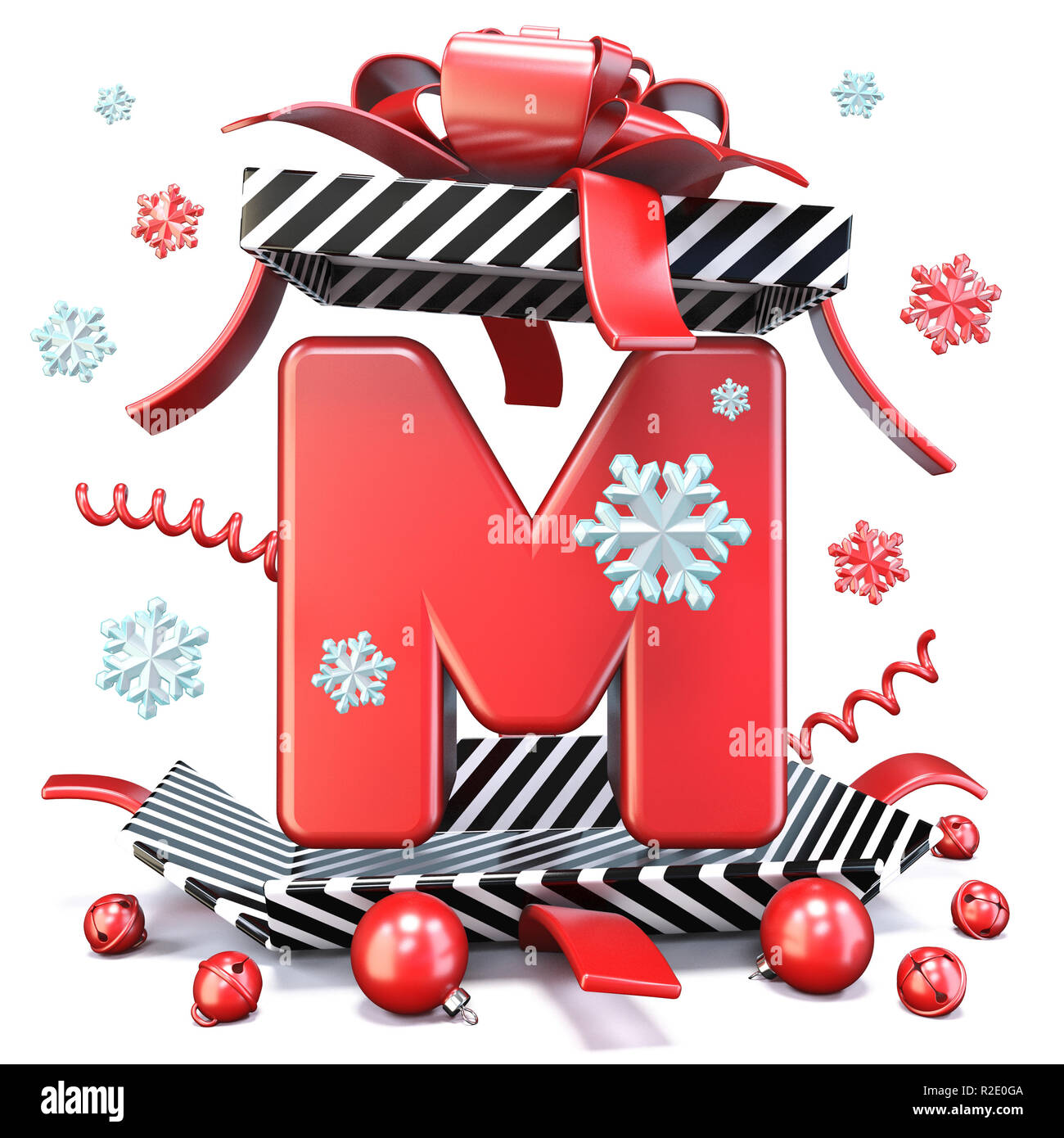Red Letter M inside open gift box 3D rendering illustration isolated on ...