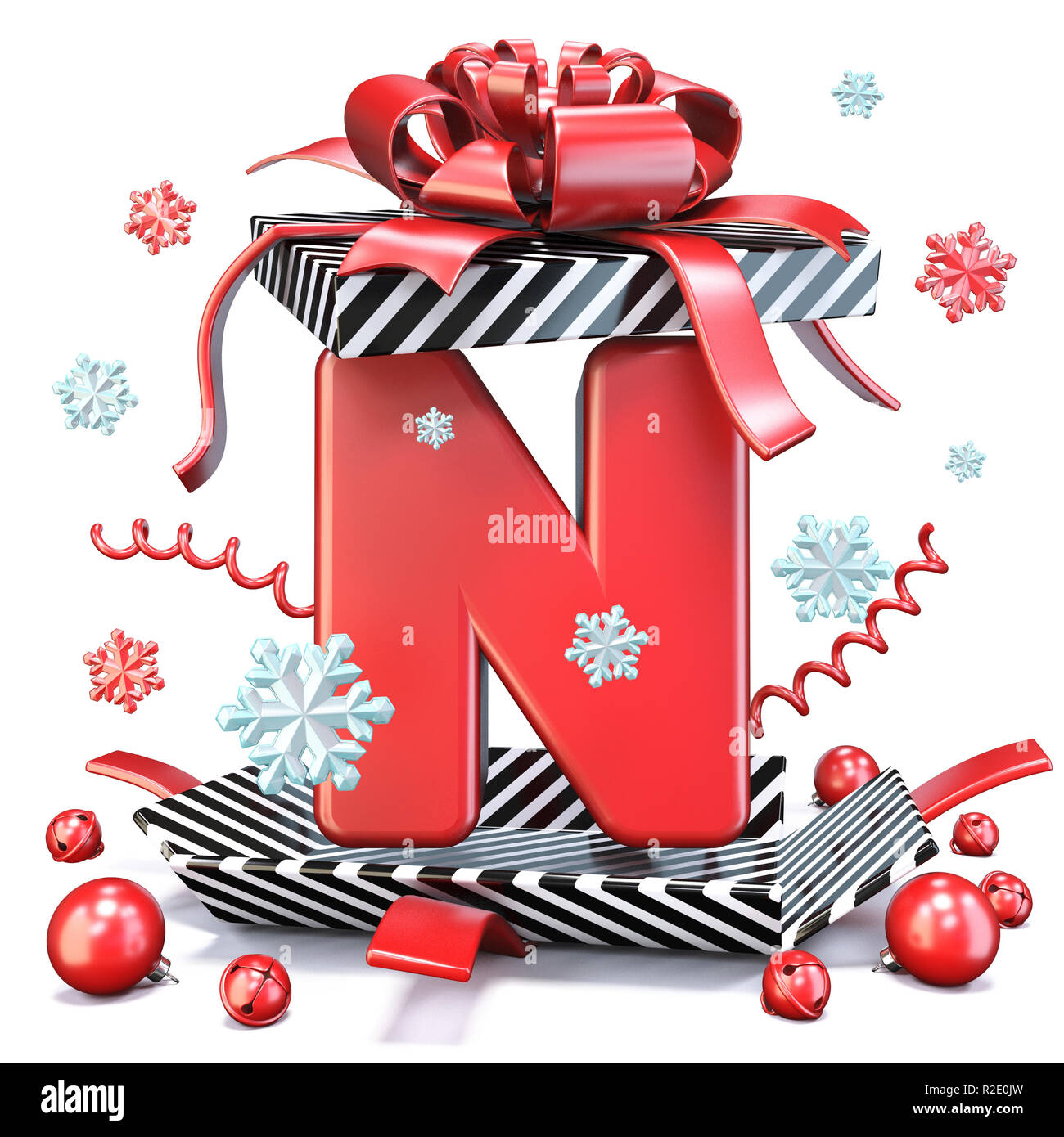 Red Letter N inside open gift box 3D rendering illustration isolated on ...