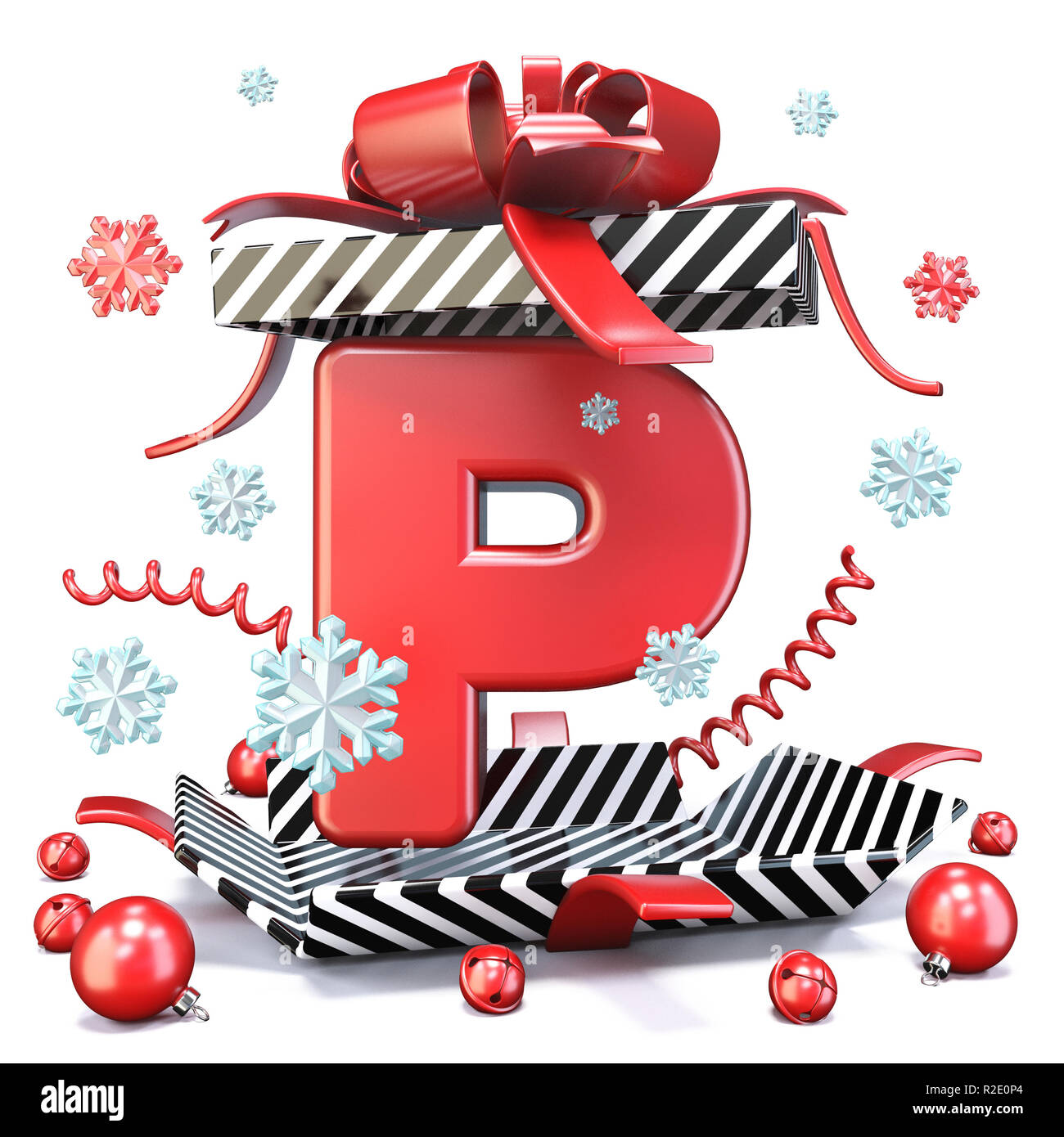 Red Letter P inside open gift box 3D rendering illustration isolated on ...