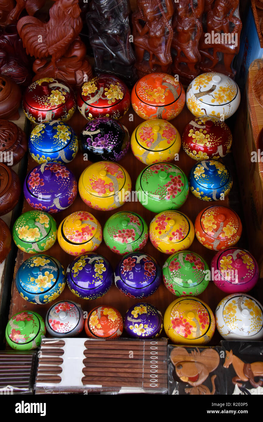 Colourful everyday objects on display and for sale on a market in Pnom ...