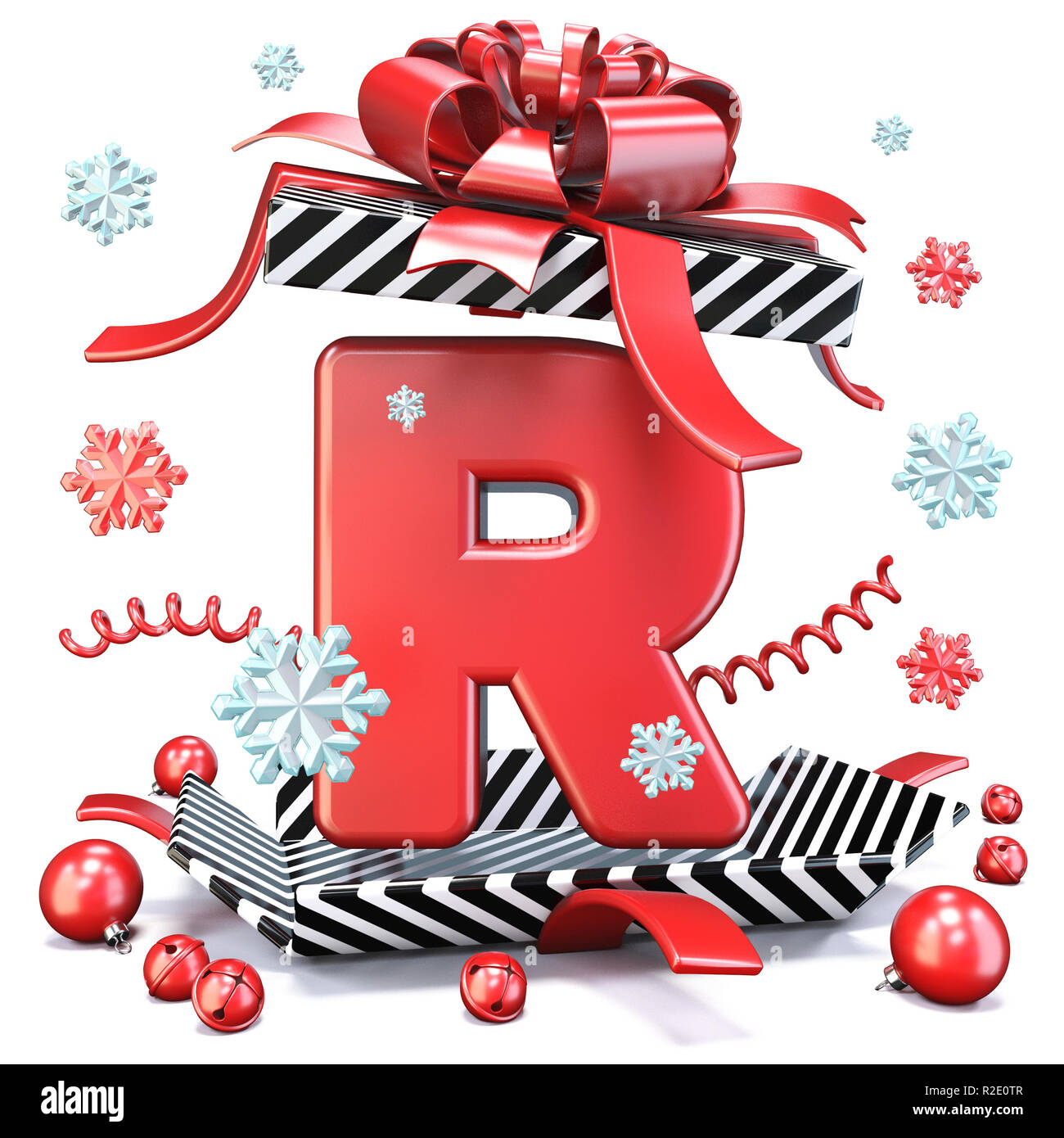 Red Letter R inside open gift box 3D rendering illustration isolated on ...