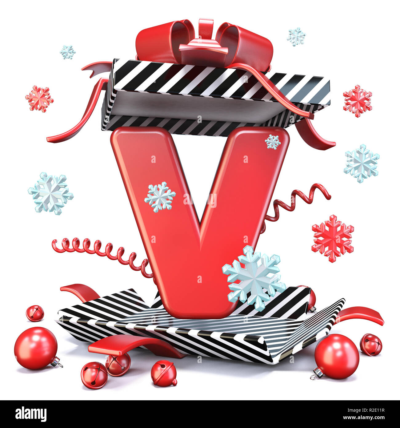 Red Letter V inside open gift box 3D rendering illustration isolated on ...