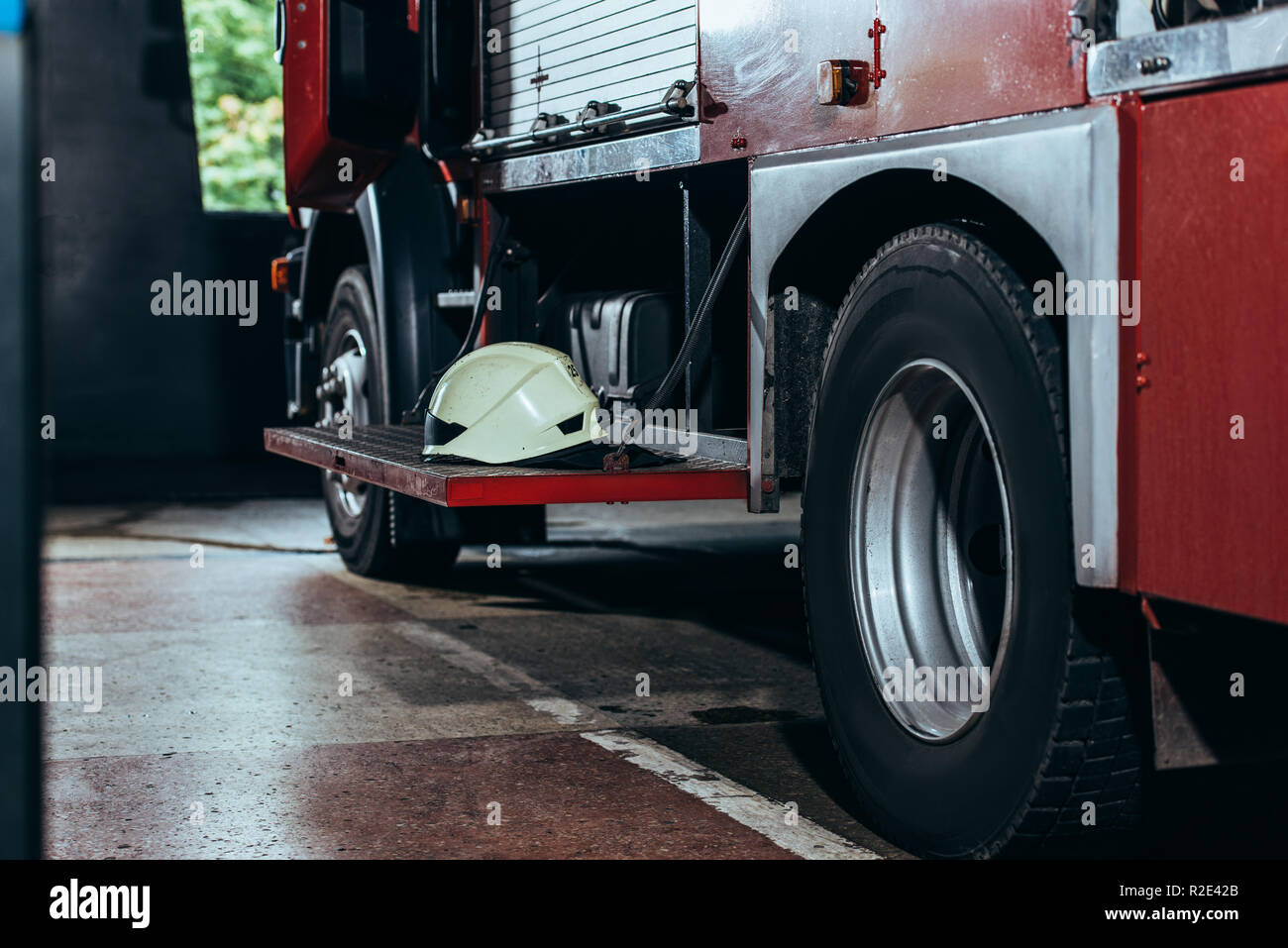 close up view of protective helmet on fire truck at fire station Stock ...