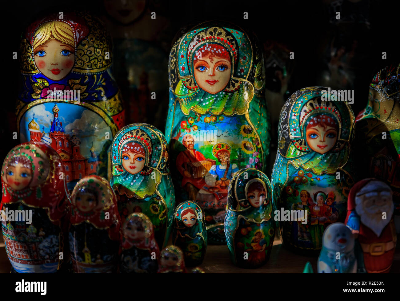 Display of colorful traditional Russian matryoshka nesting dolls in a ...