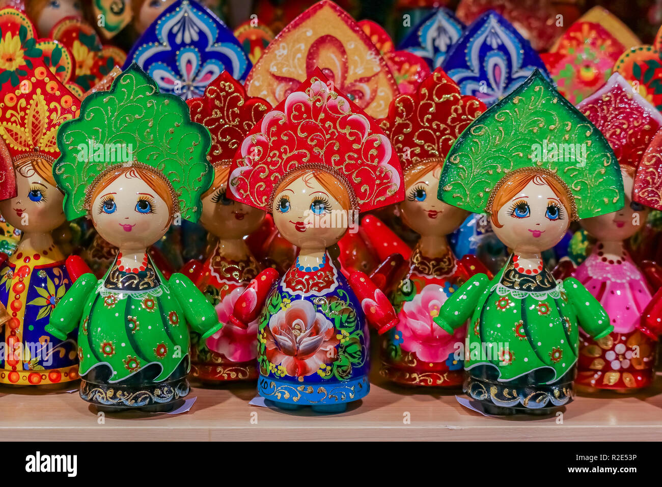 Display of colorful traditional Russian matryoshka nesting dolls in a ...