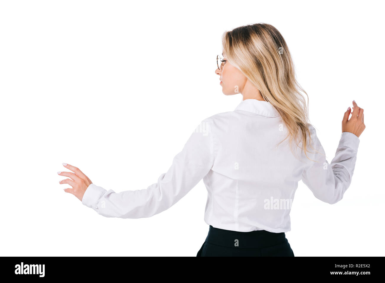 back view of businesswoman gesturing isolated on white Stock Photo - Alamy
