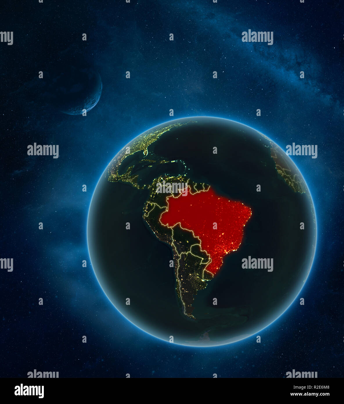 Brazil at night from space with Moon and Milky Way. Detailed planet ...