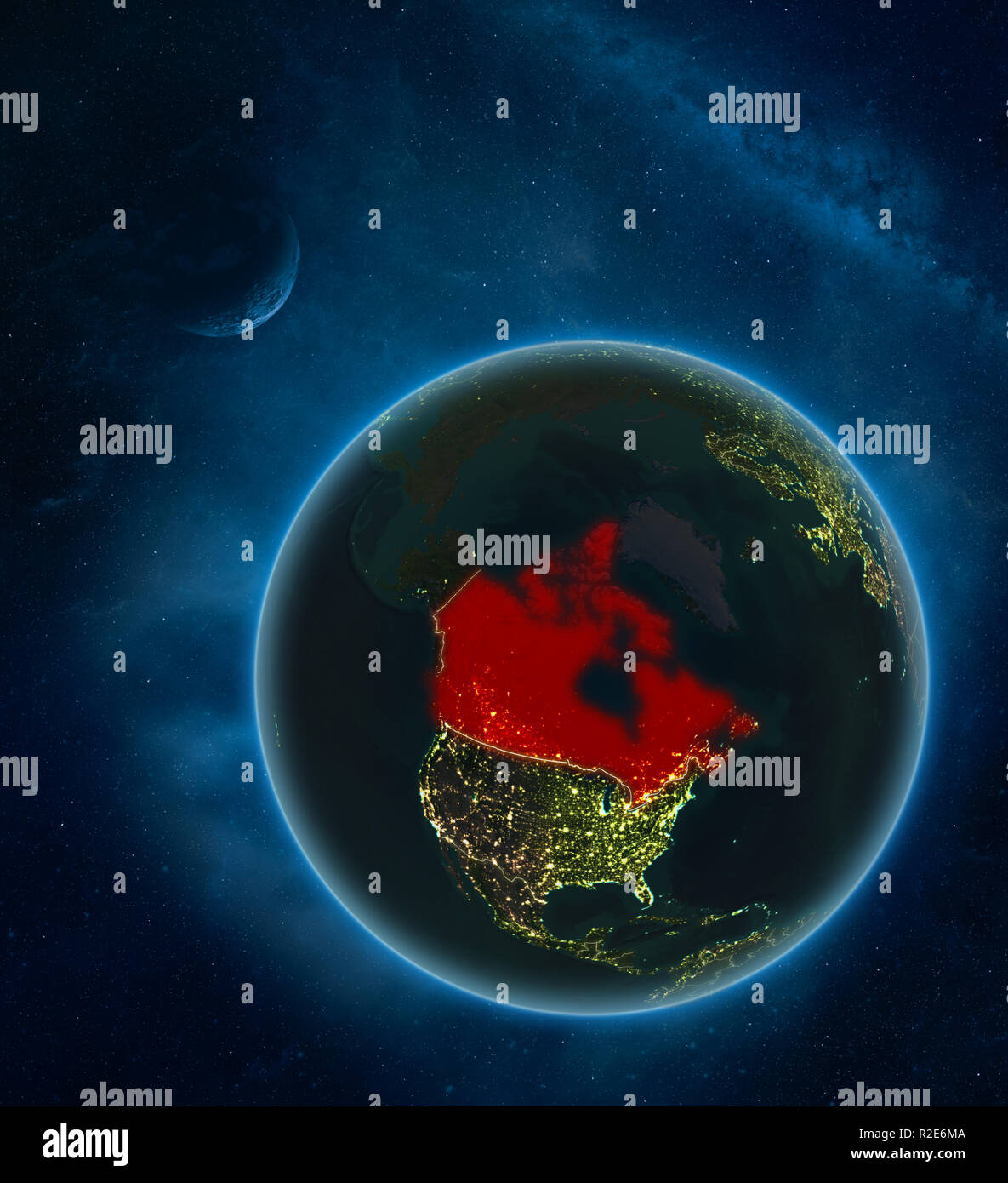Canada at night from space with Moon and Milky Way. Detailed planet ...