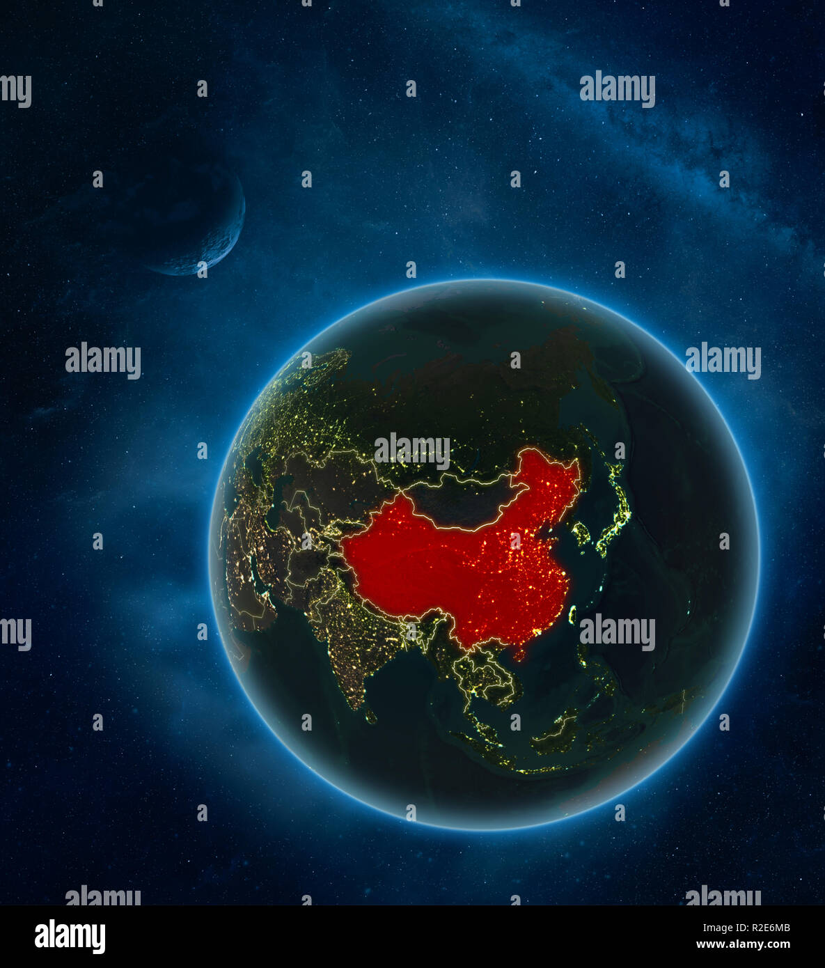 China at night from space with Moon and Milky Way. Detailed planet ...