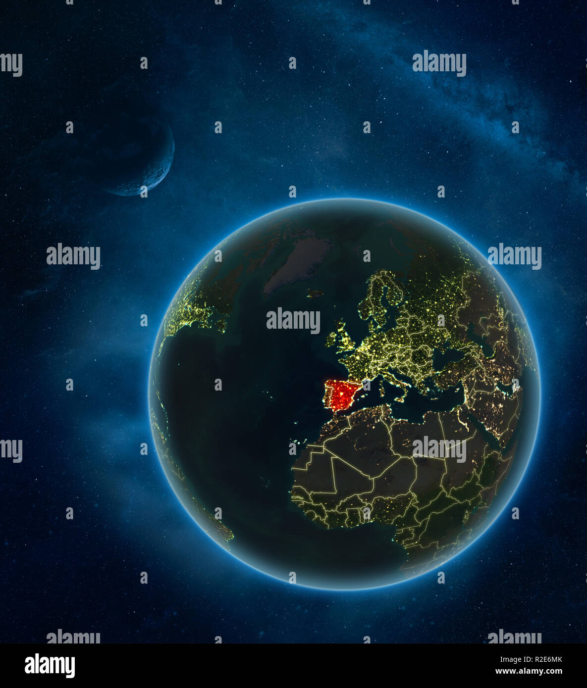 Spain at night from space with Moon and Milky Way. Detailed planet ...