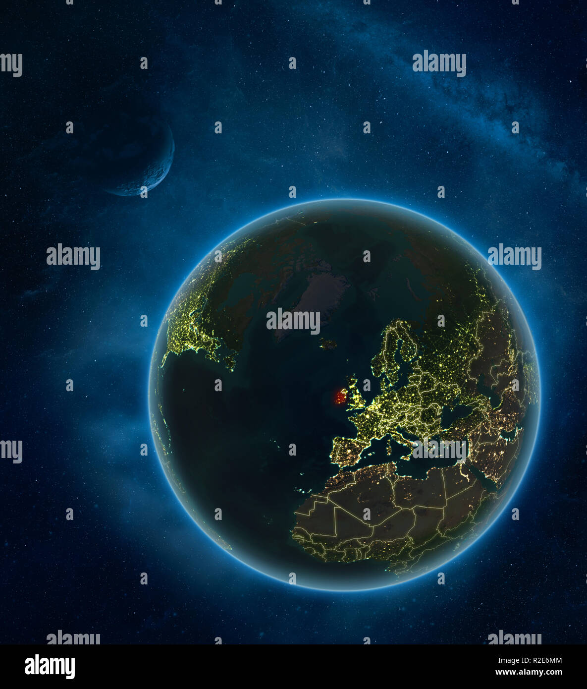Ireland at night from space with Moon and Milky Way. Detailed planet ...