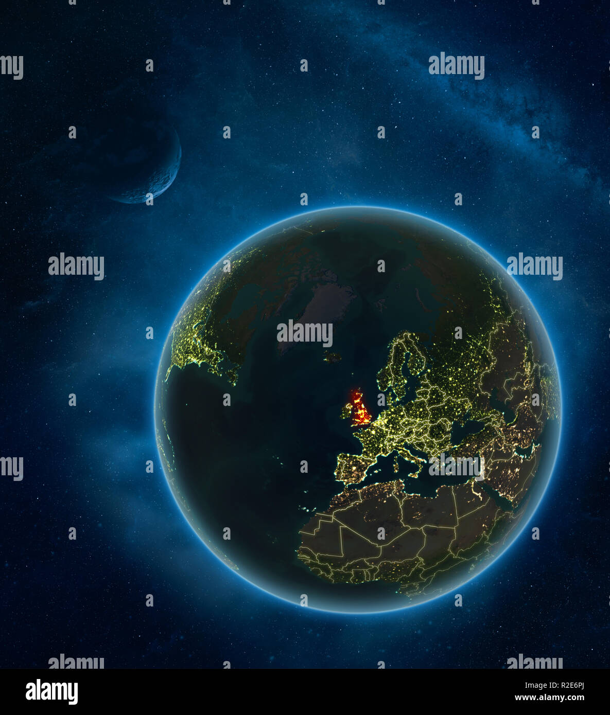 United Kingdom at night from space with Moon and Milky Way. Detailed ...