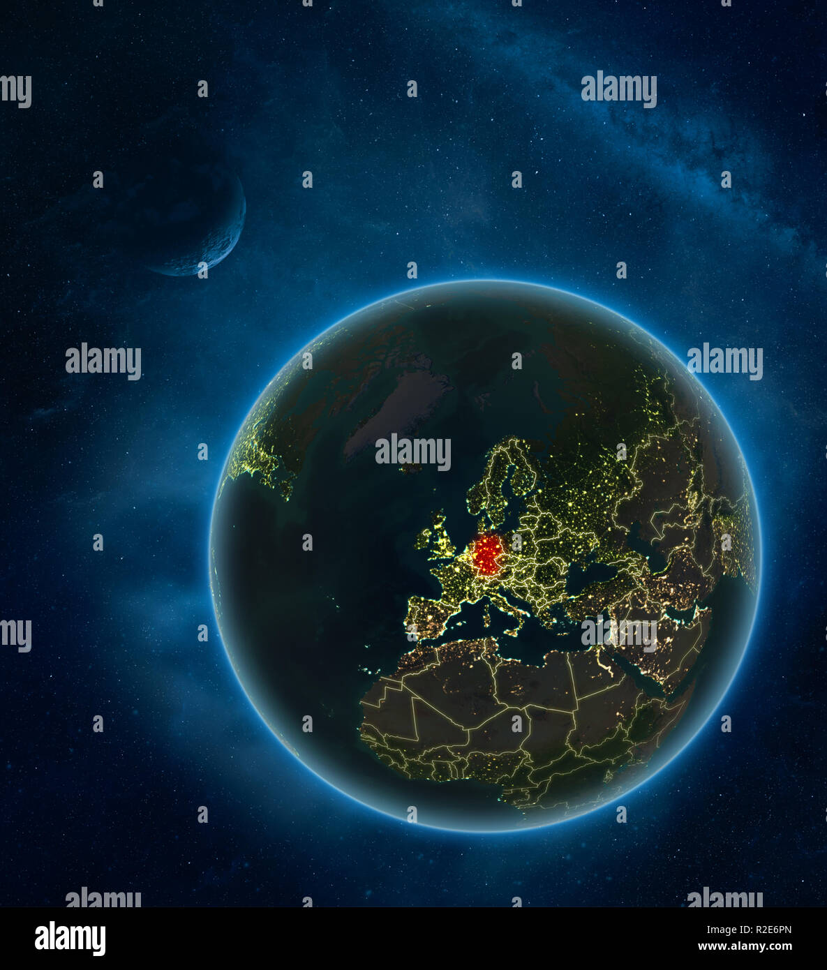 Germany at night from space with Moon and Milky Way. Detailed planet ...