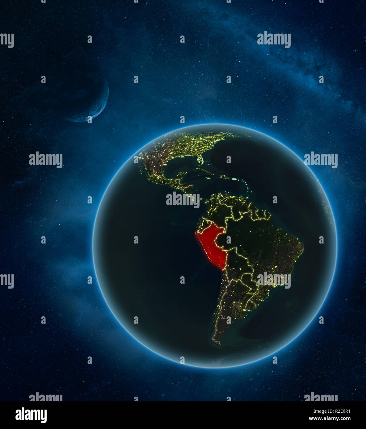 Peru at night from space with Moon and Milky Way. Detailed planet Earth ...