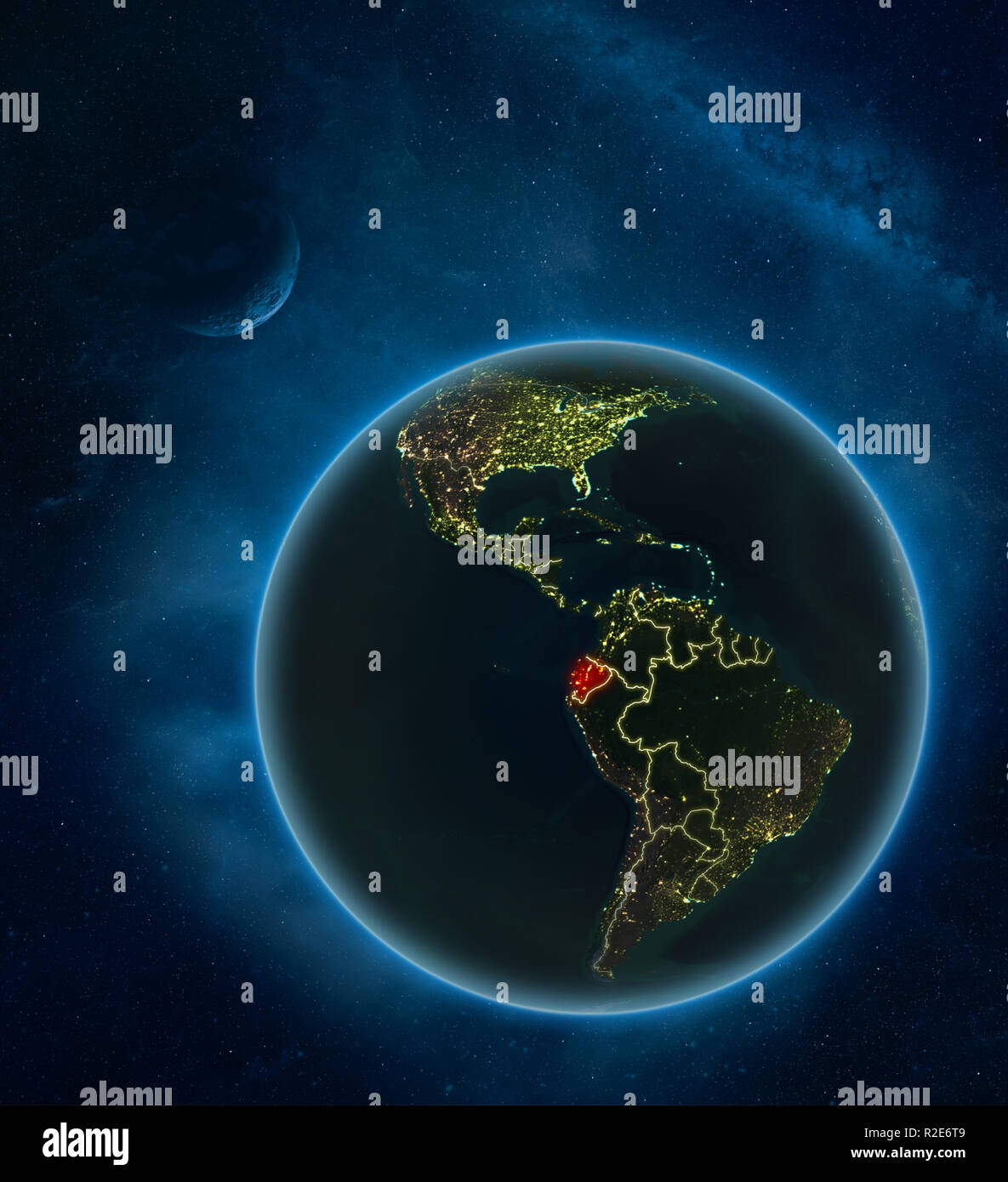 Ecuador at night from space with Moon and Milky Way. Detailed planet ...