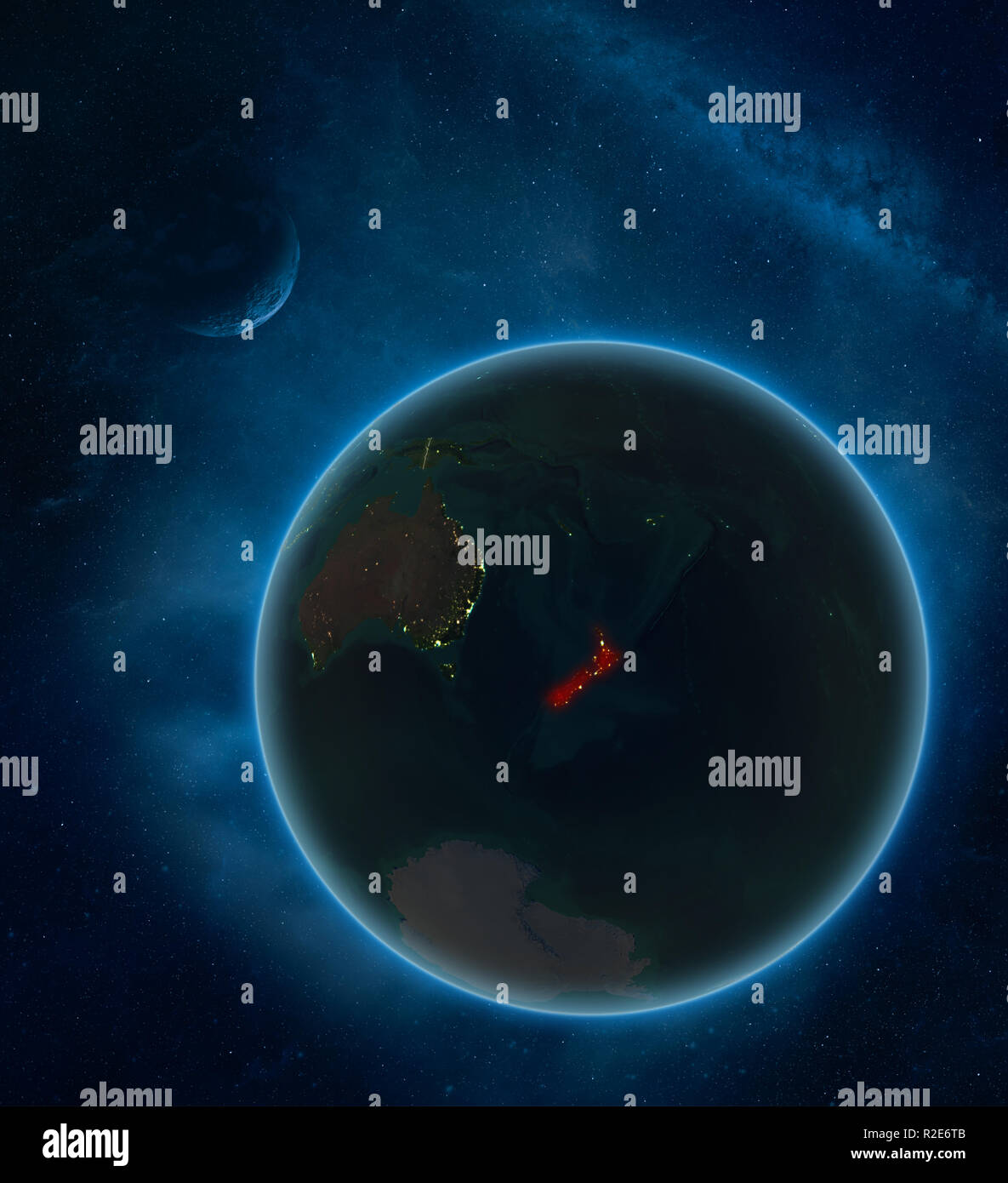 New Zealand at night from space with Moon and Milky Way. Detailed ...
