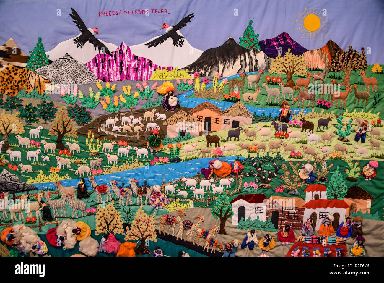 Arequipa, Peru - October 2018: Elaborate tapestry depicting traditional ...