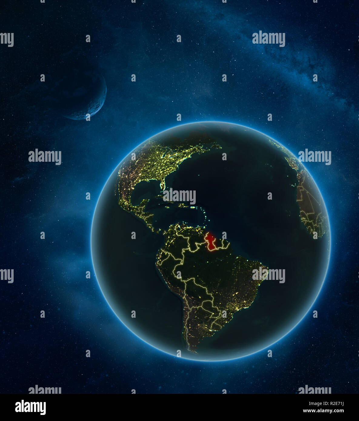 Guyana at night from space with Moon and Milky Way. Detailed planet ...