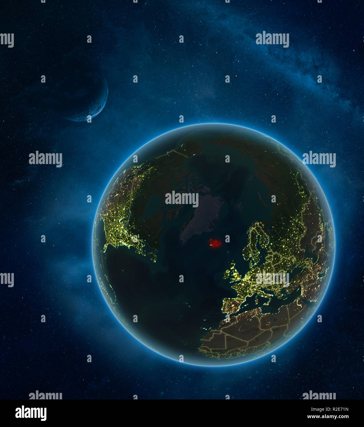 Iceland at night from space with Moon and Milky Way. Detailed planet ...