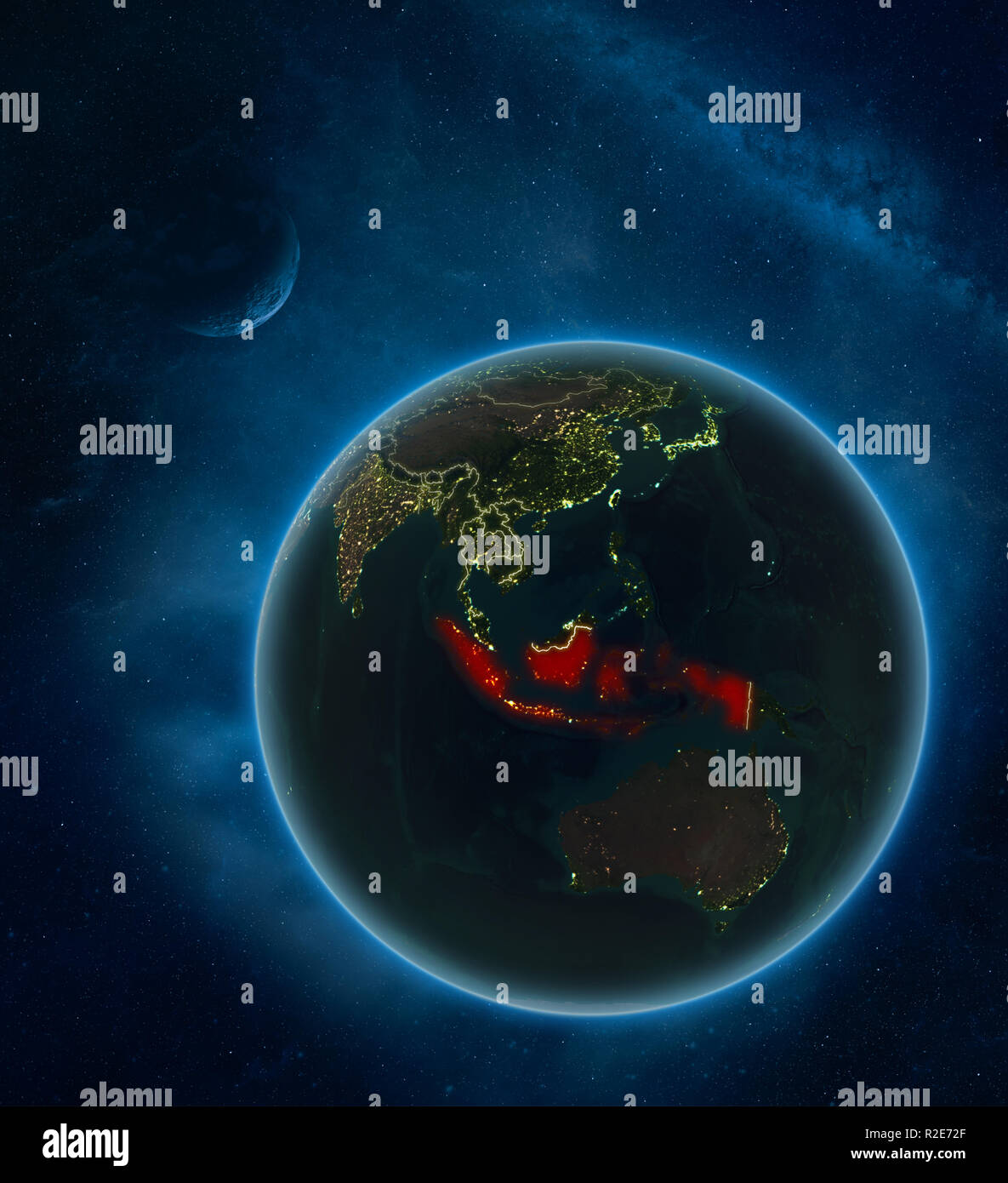 Indonesia at night from space with Moon and Milky Way. Detailed planet ...