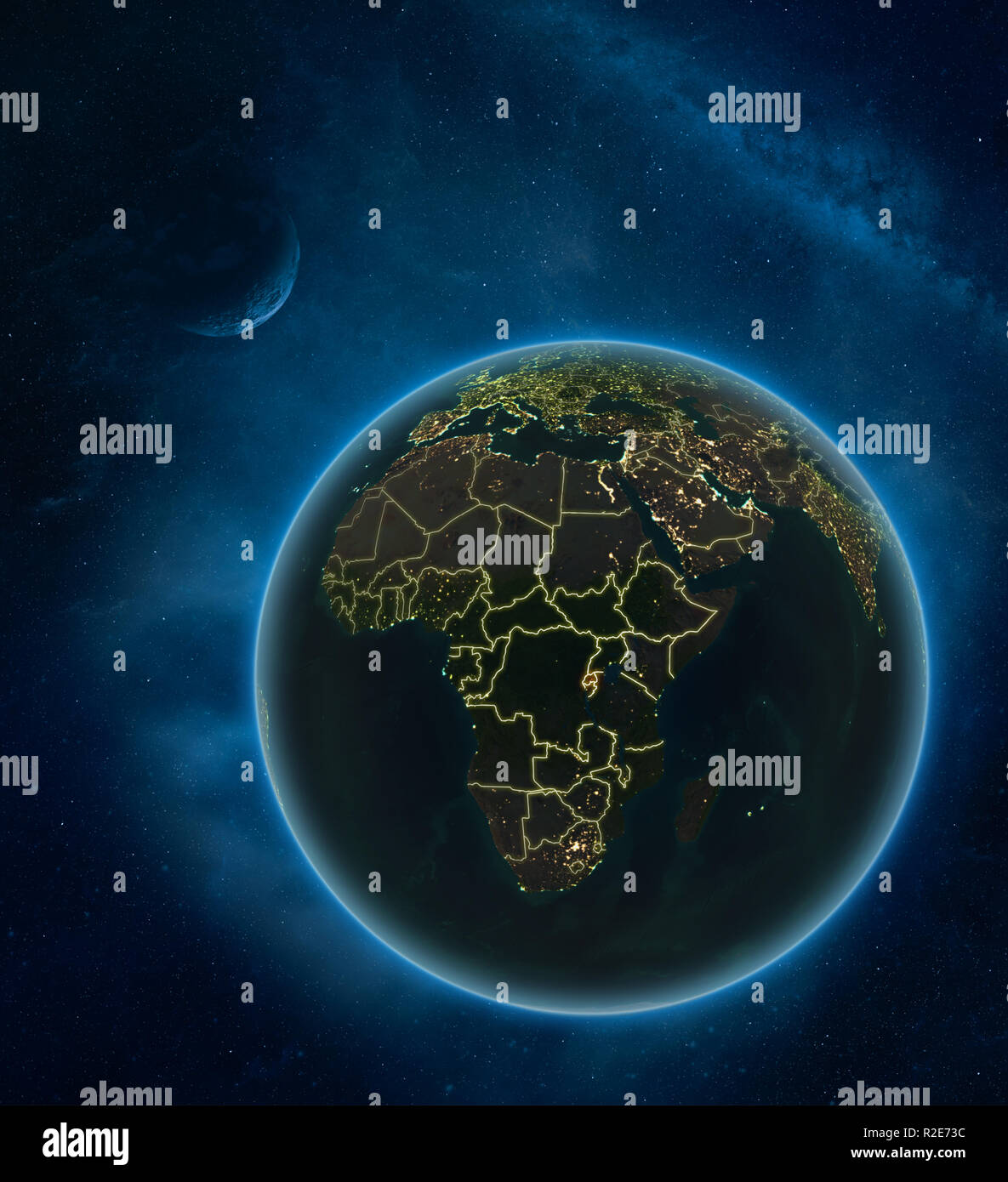 Rwanda at night from space with Moon and Milky Way. Detailed planet ...