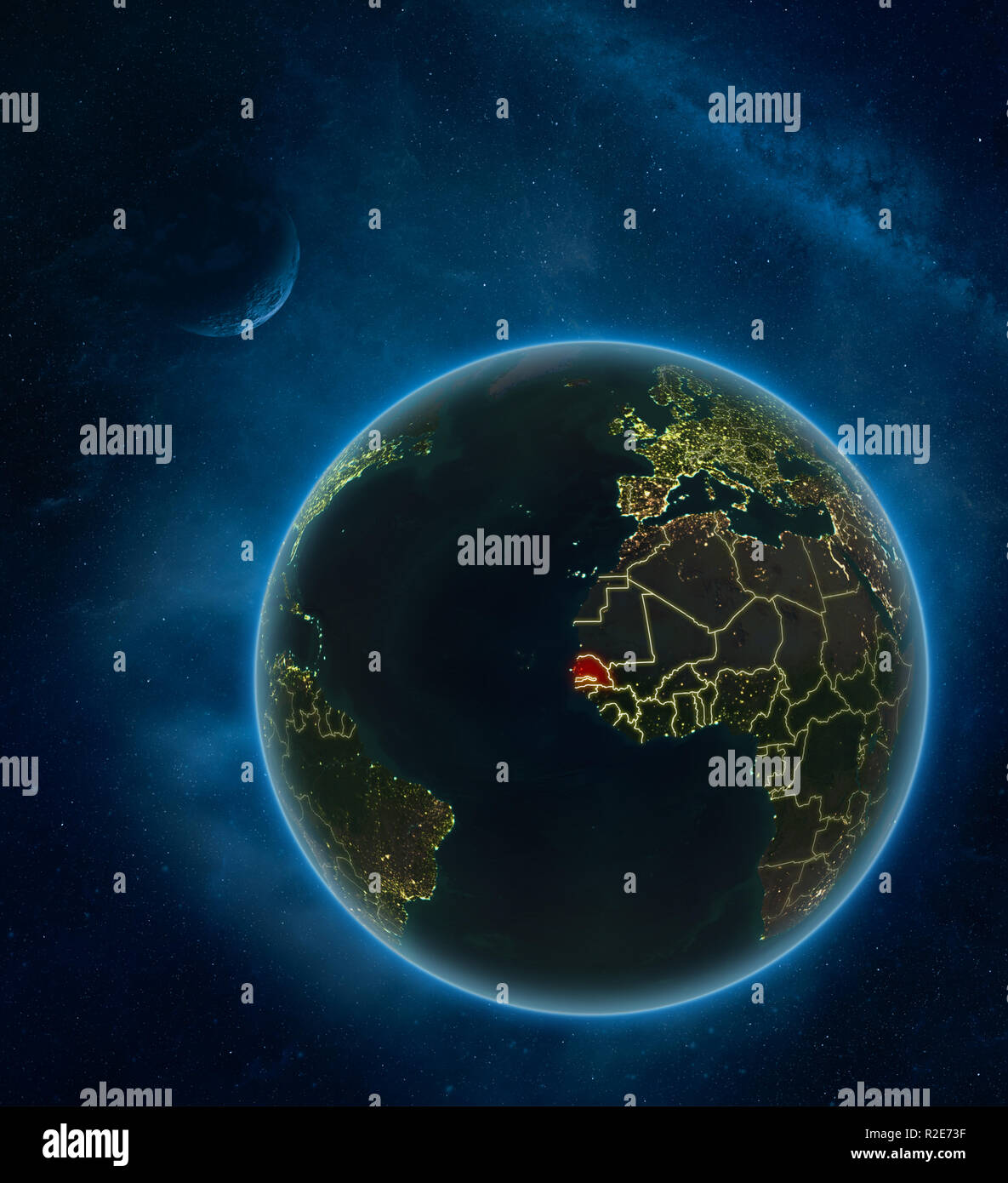 Senegal at night from space with Moon and Milky Way. Detailed planet ...