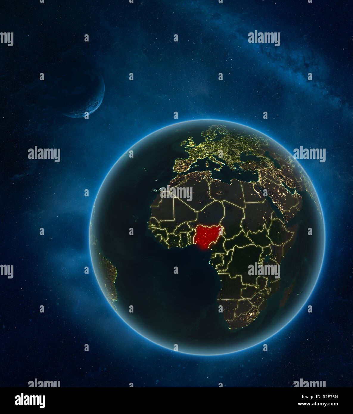 Nigeria at night from space with Moon and Milky Way. Detailed planet ...