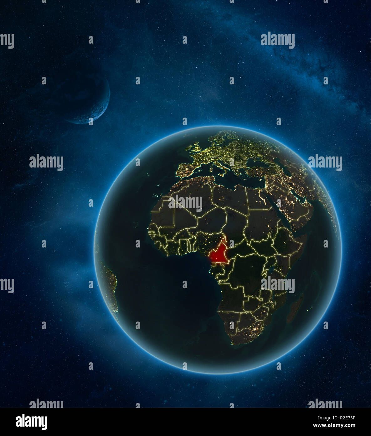 Cameroon at night from space with Moon and Milky Way. Detailed planet ...