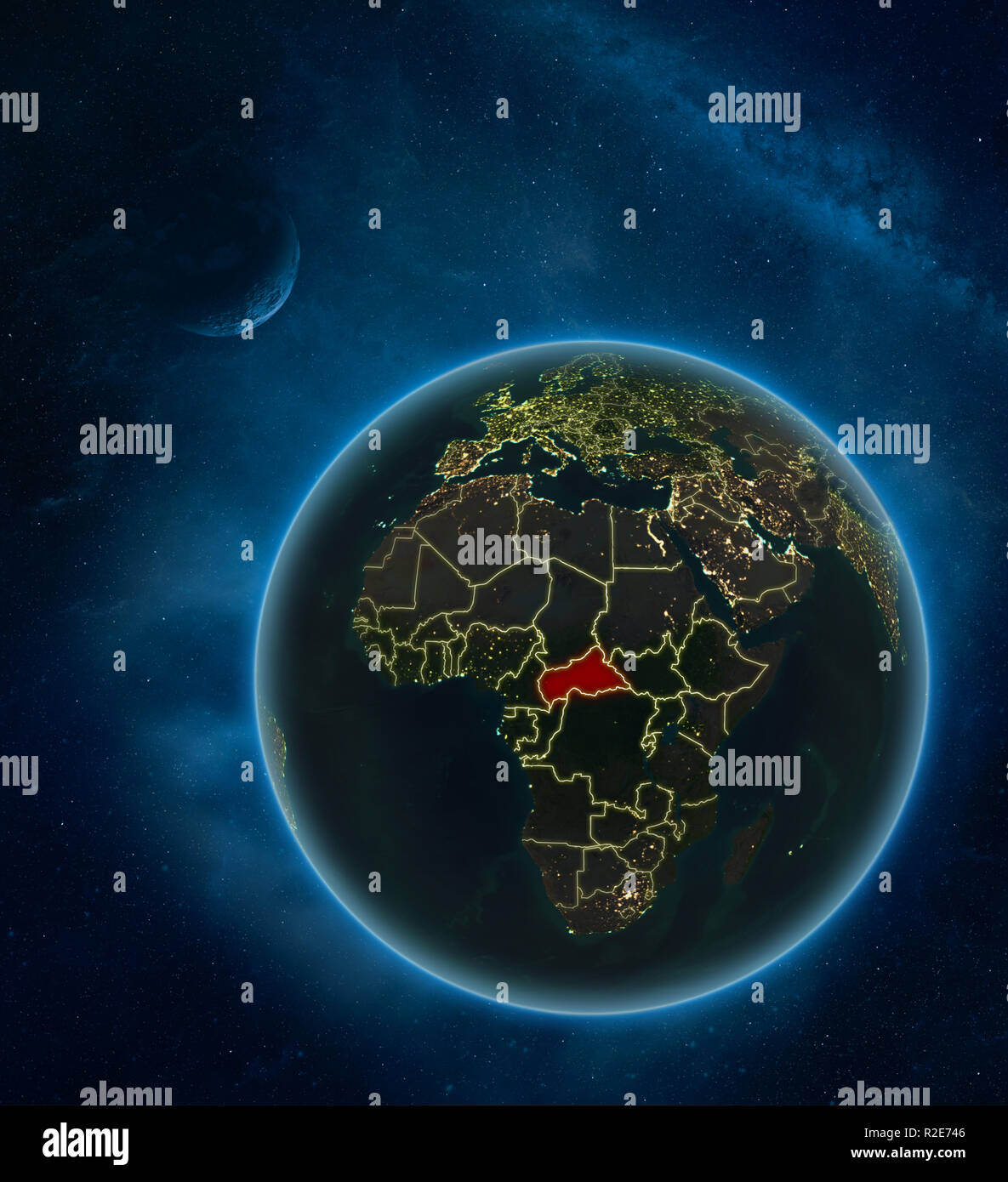 Central Africa at night from space with Moon and Milky Way. Detailed ...