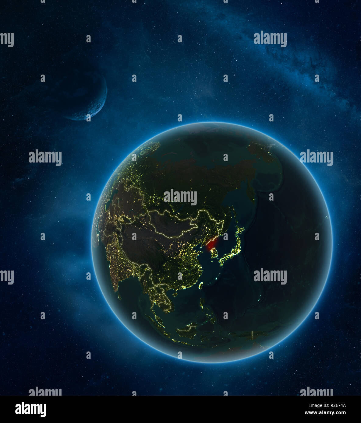 North Korea at night from space with Moon and Milky Way. Detailed ...