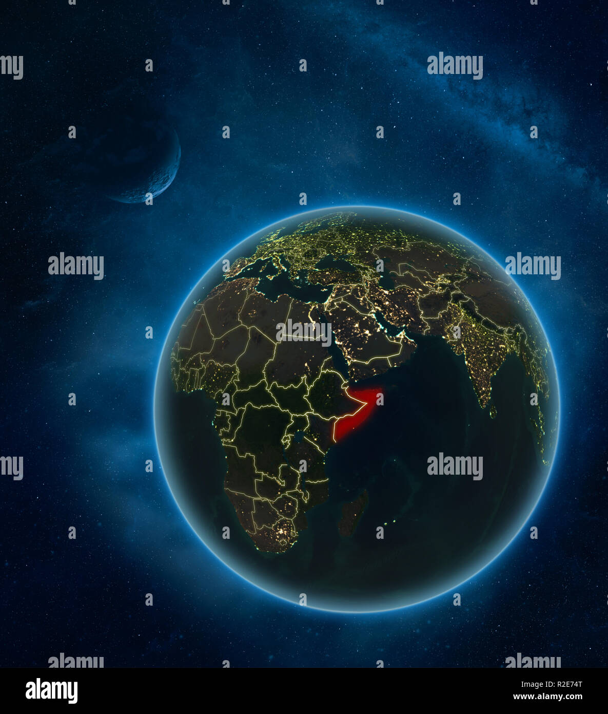 Somalia at night from space with Moon and Milky Way. Detailed planet ...