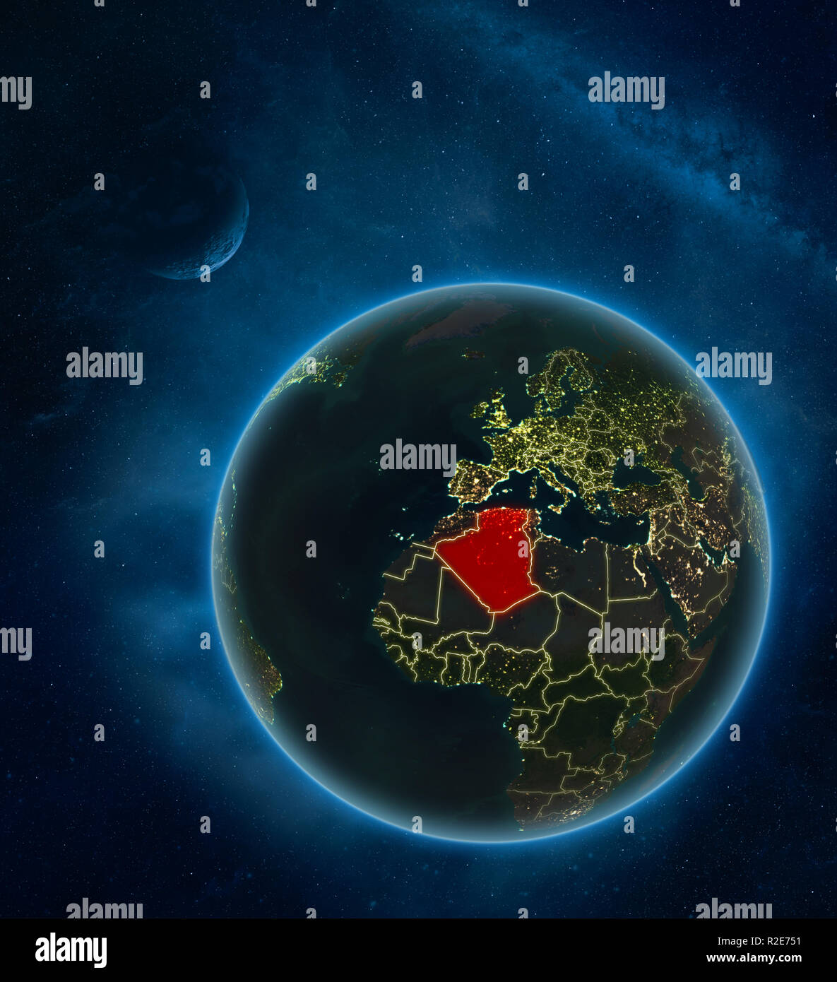 Algeria at night from space with Moon and Milky Way. Detailed planet ...