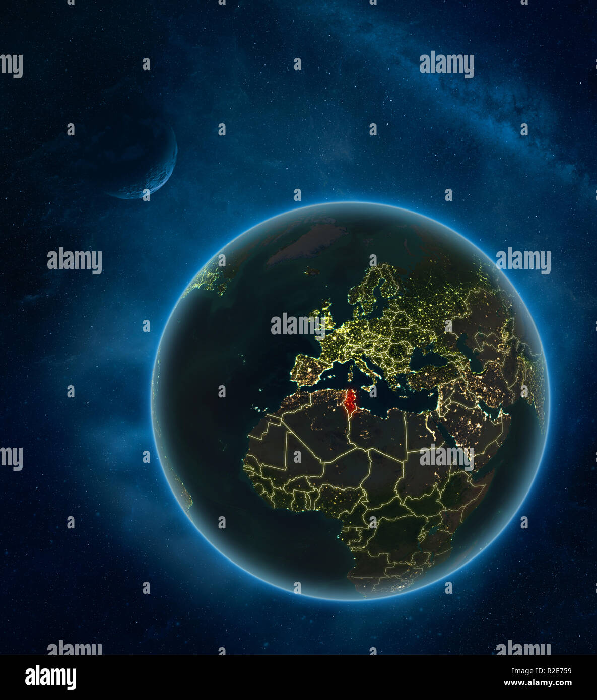 Tunisia at night from space with Moon and Milky Way. Detailed planet ...