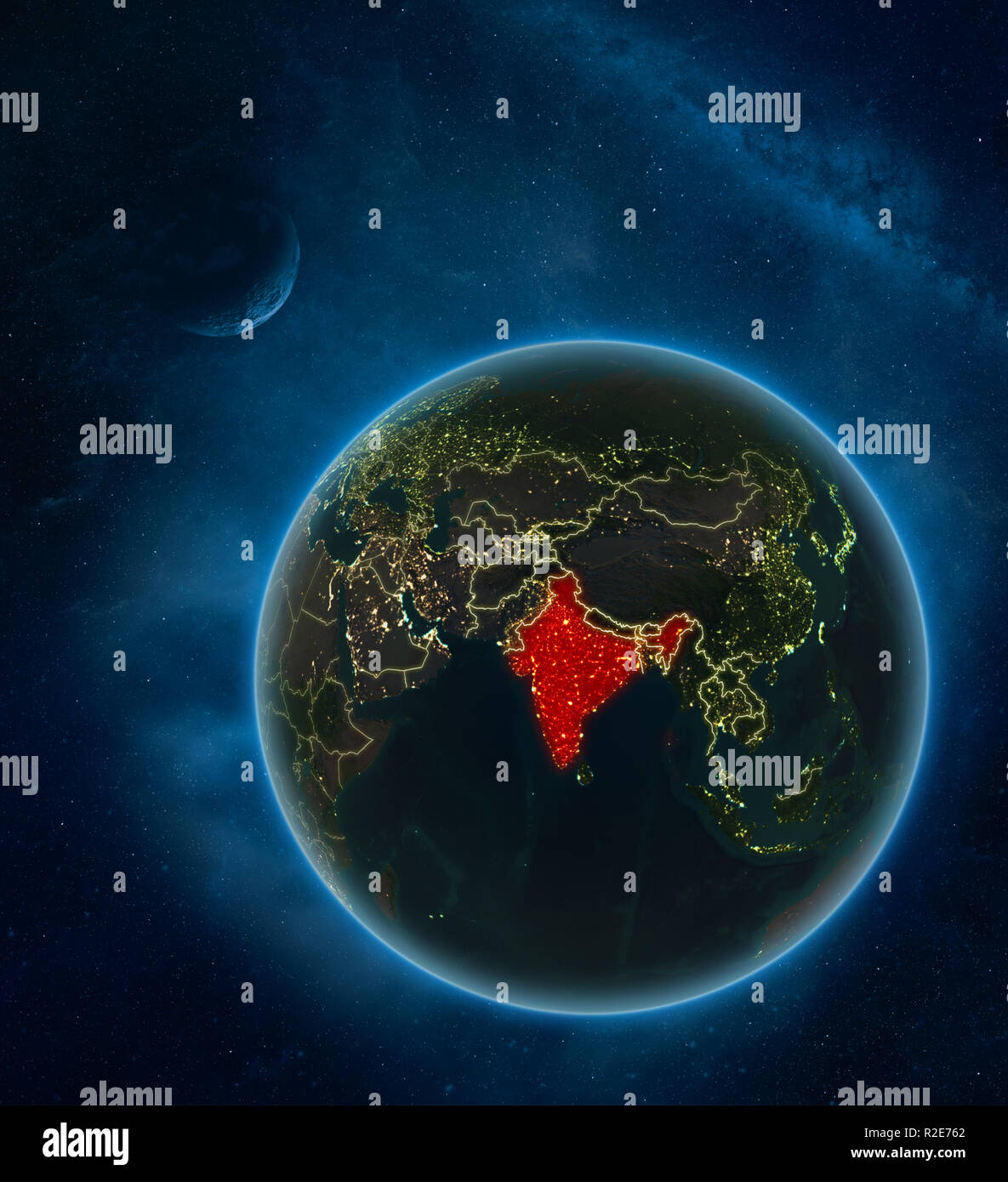 India at night from space with Moon and Milky Way. Detailed planet ...