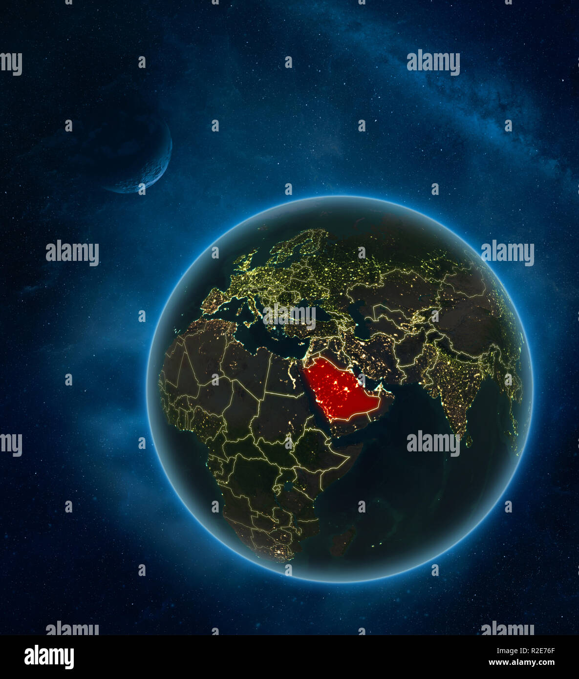 Saudi Arabia at night from space with Moon and Milky Way. Detailed ...