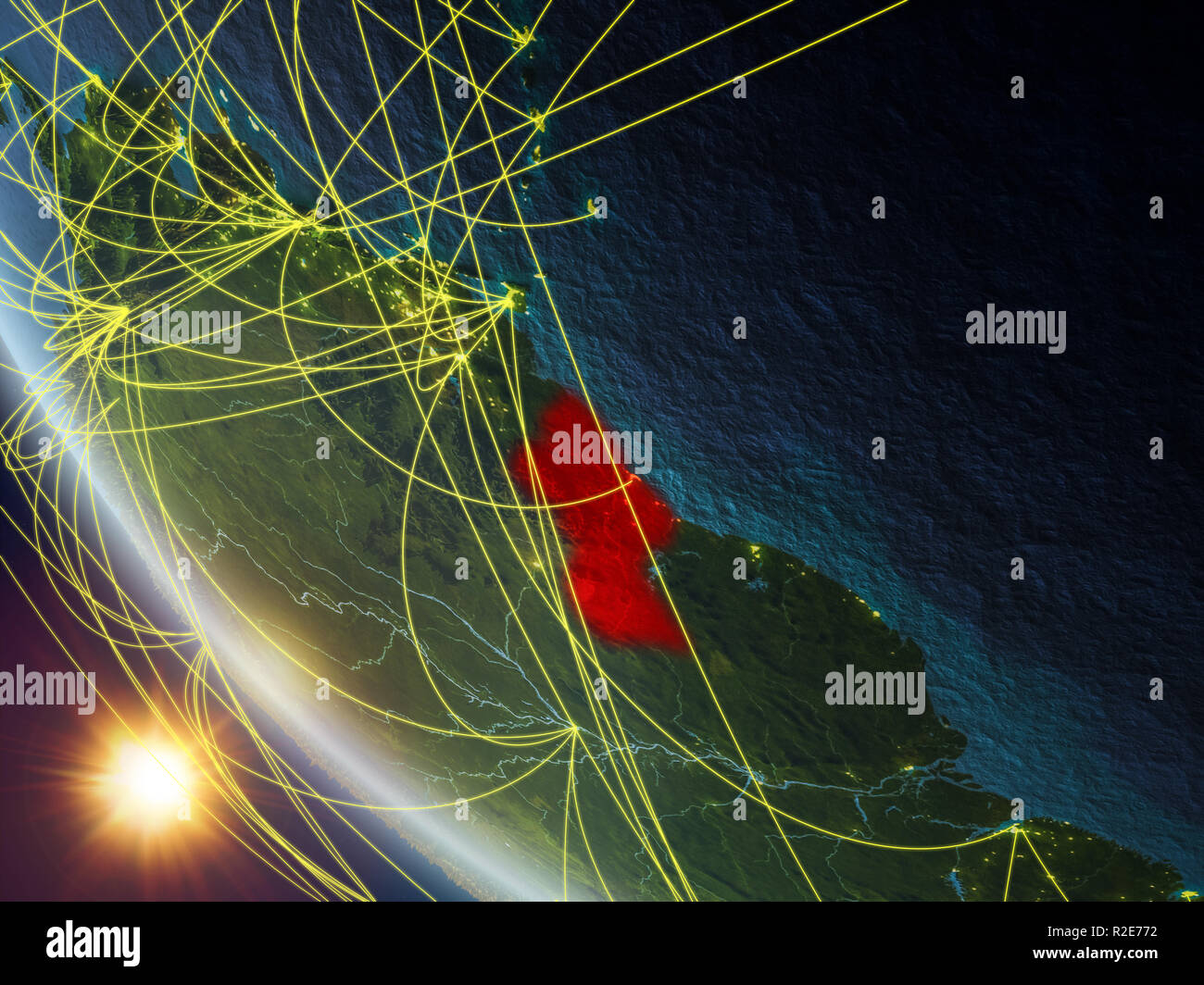Guyana on planet Earth from space with network. Concept of ...