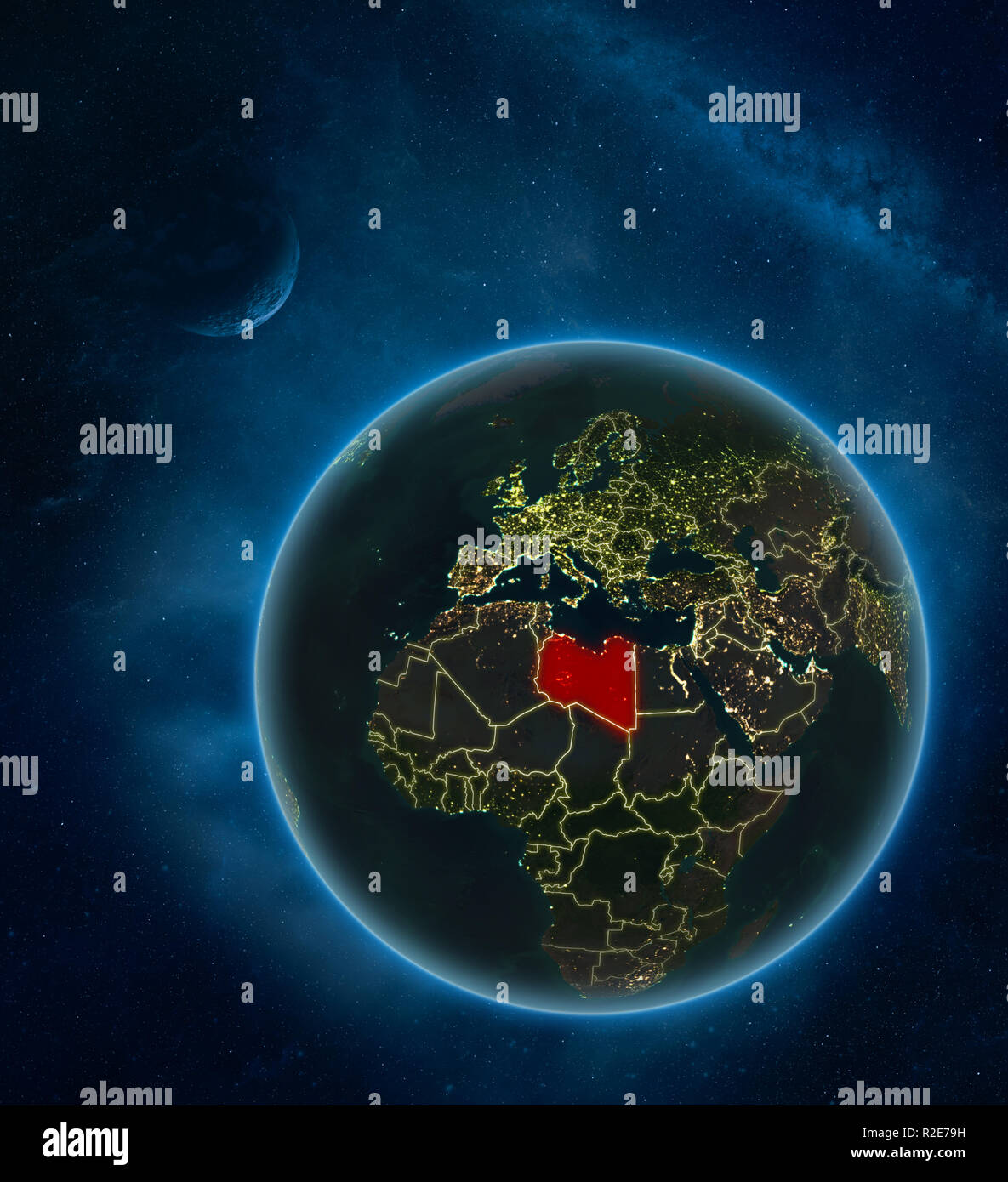 Libya at night from space with Moon and Milky Way. Detailed planet ...