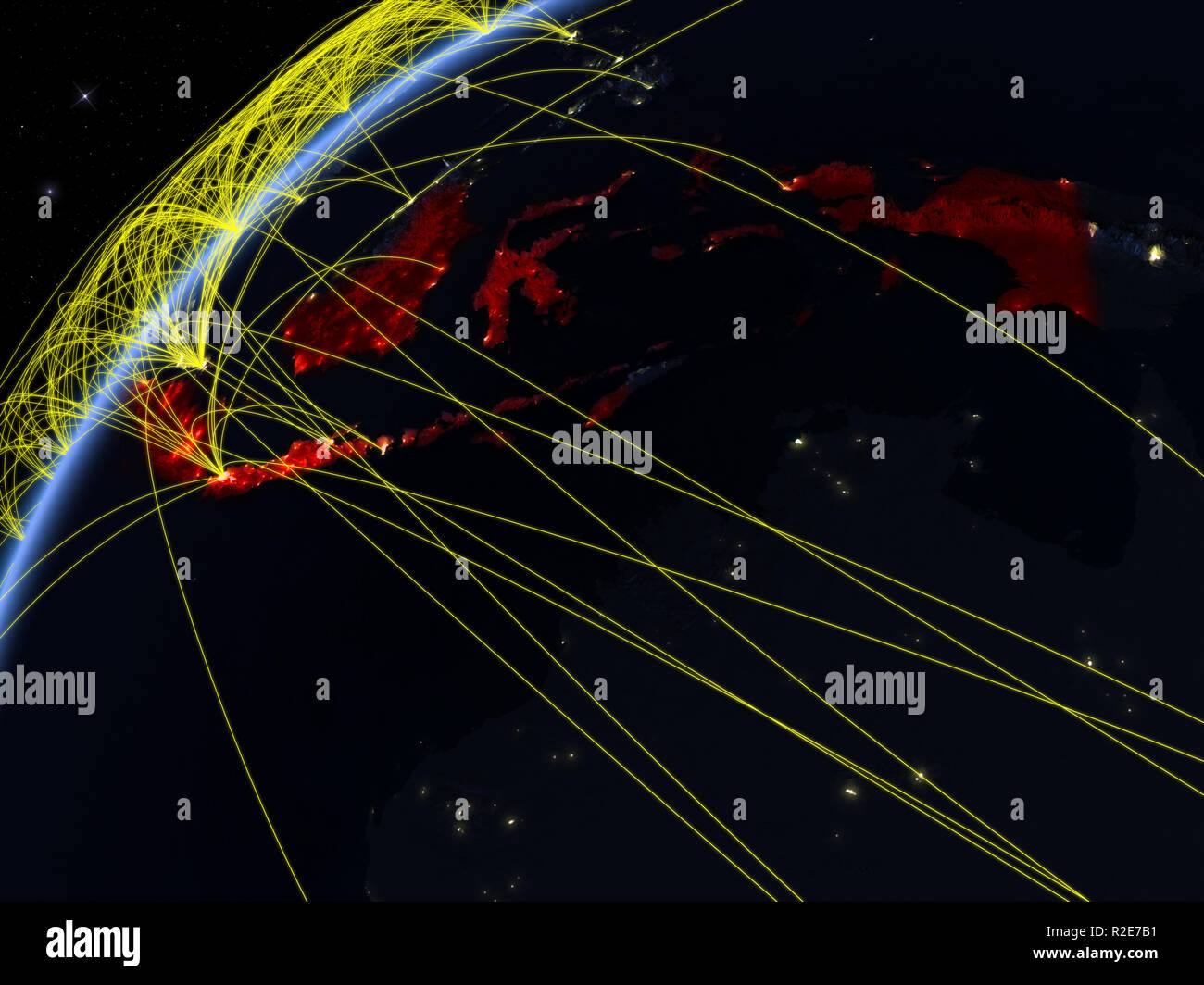 Indonesia on model of planet Earth at night with international networks. Concept of digital ...