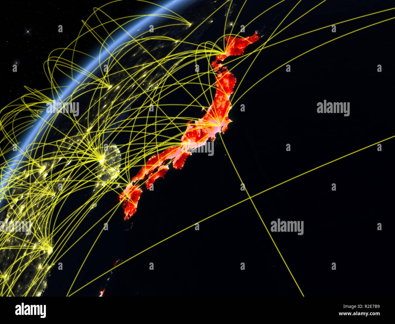 Japan on model of planet Earth at night with international networks ...
