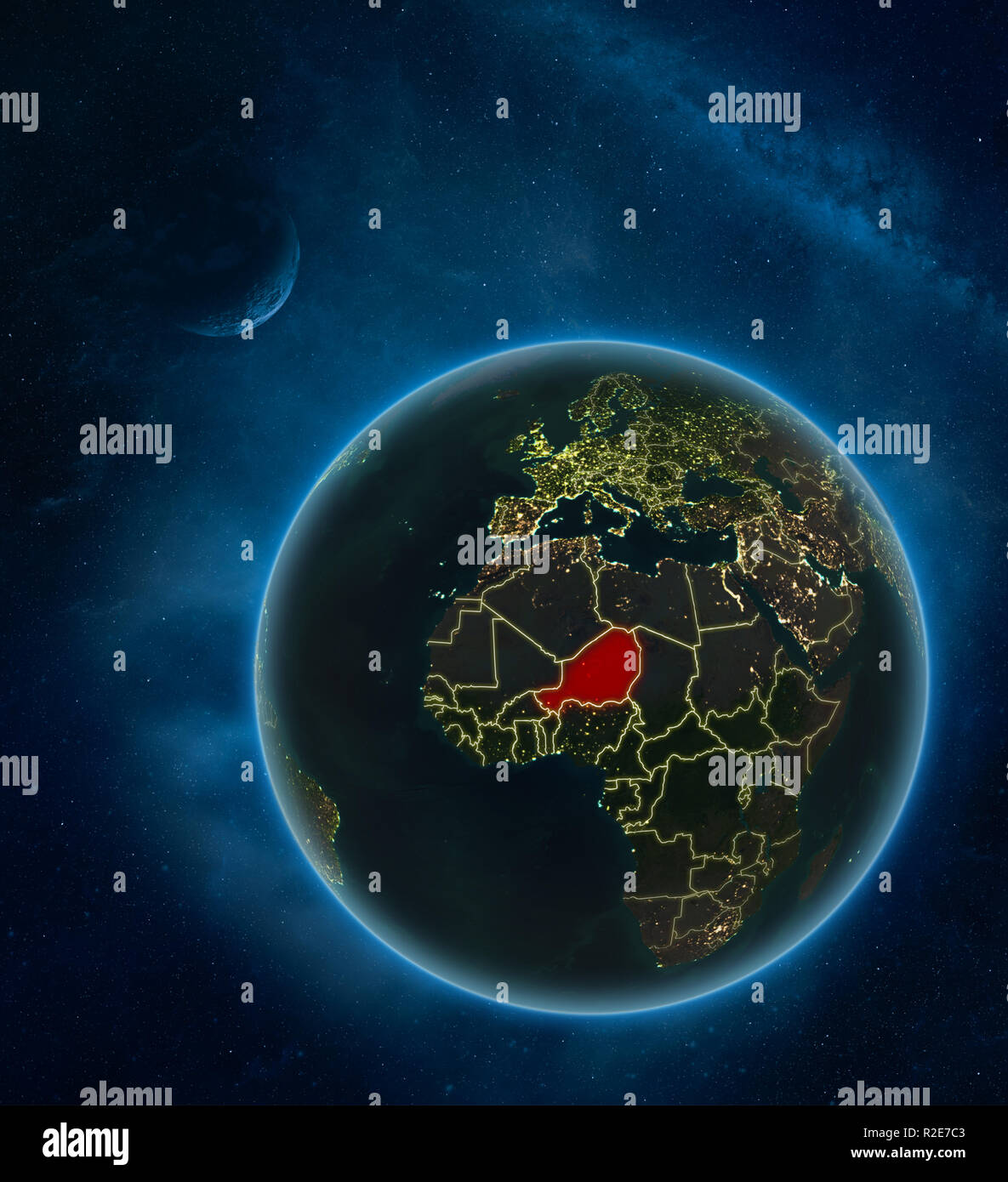 Niger at night from space with Moon and Milky Way. Detailed planet ...
