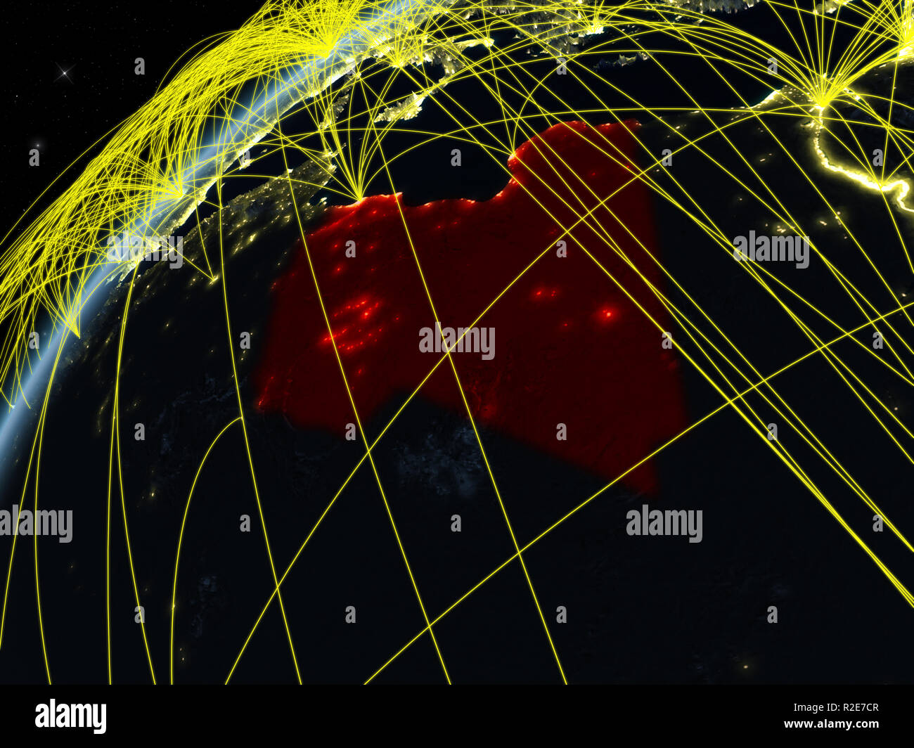Libya on model of planet Earth at night with international networks ...