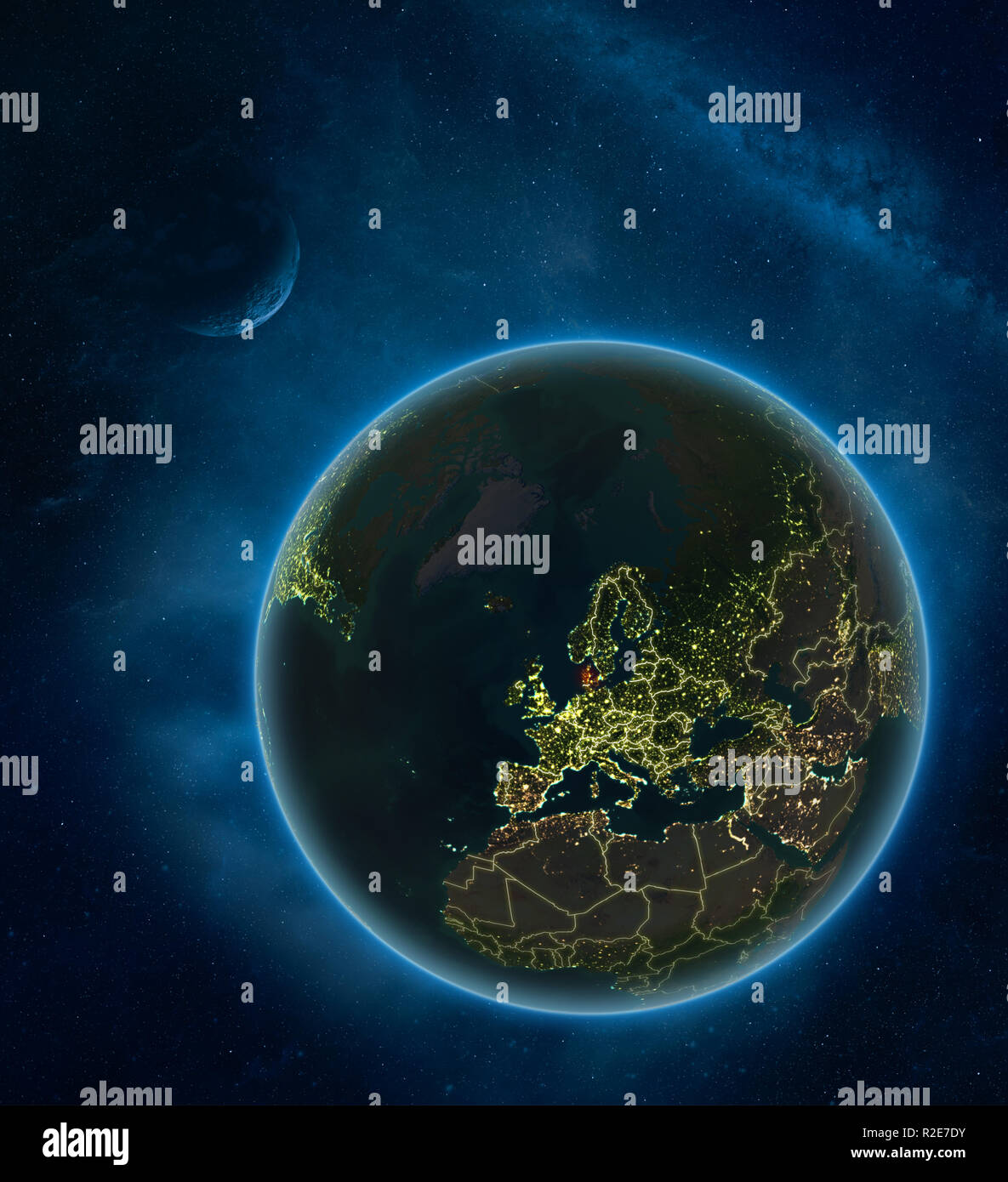 Denmark at night from space with Moon and Milky Way. Detailed planet ...