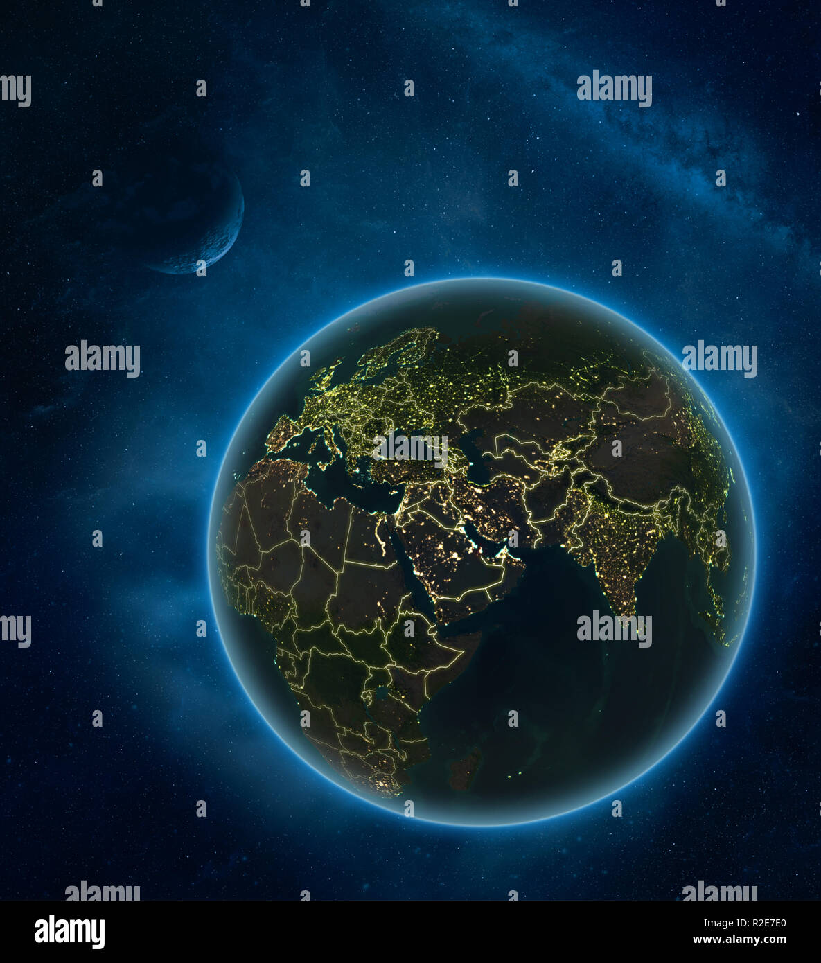 Qatar at night from space with Moon and Milky Way. Detailed planet ...