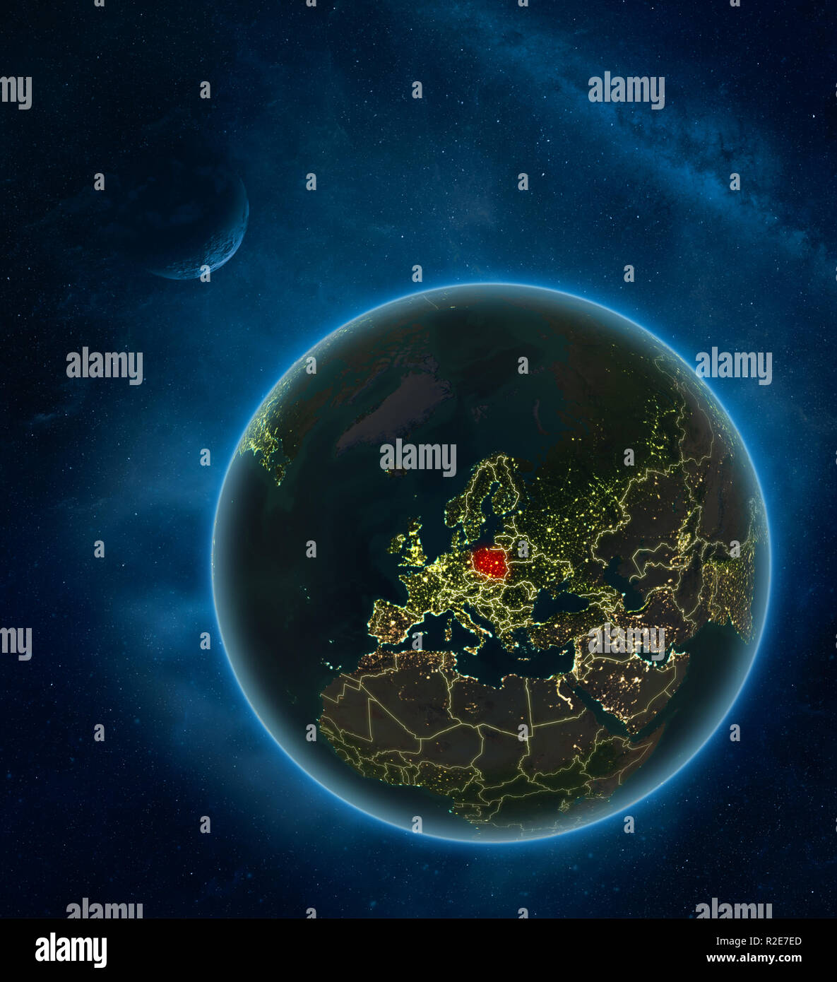 Poland at night from space with Moon and Milky Way. Detailed planet ...